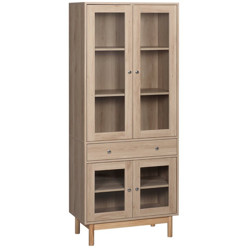 Homcom Hochschrank Vitrinenschrank 5 Staufächer Schublade Glastür