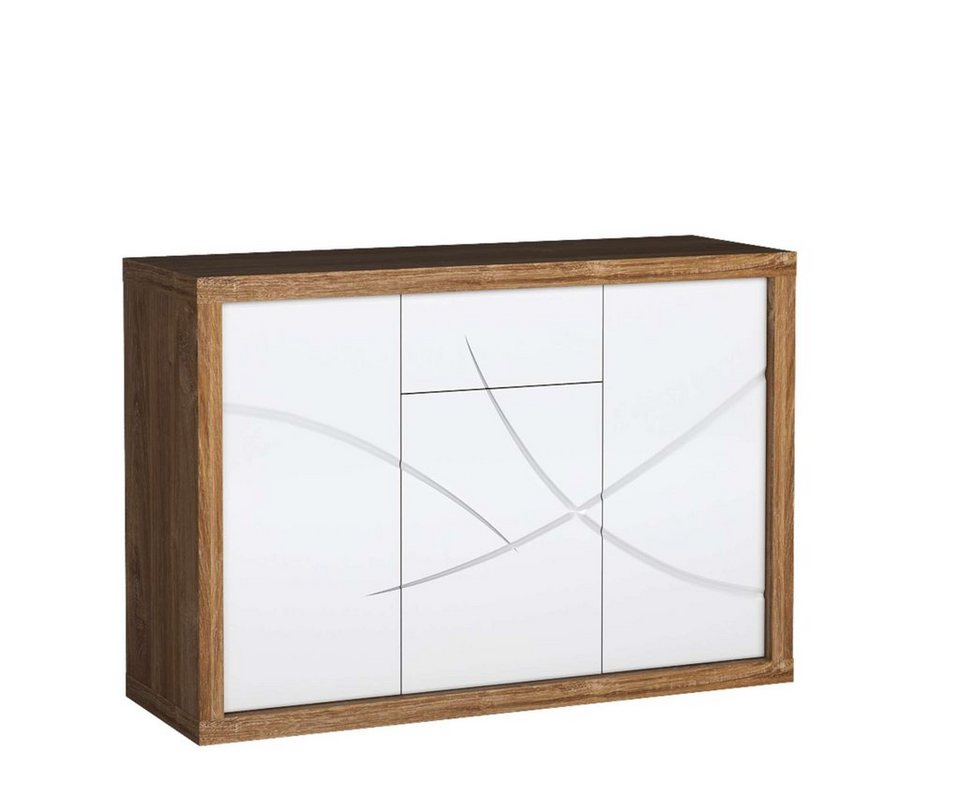 Stylefy Kommode Parisel Stirling Eiche Weiß Hochglanz Sideboard