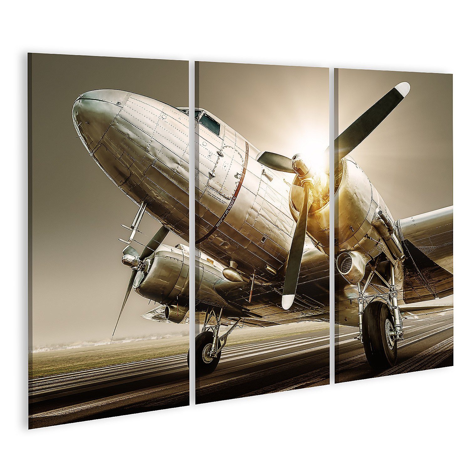 islandburner Leinwandbild Bild auf Leinwand Flugzeug Historisches Flugzeug im Sonnenuntergang Wa