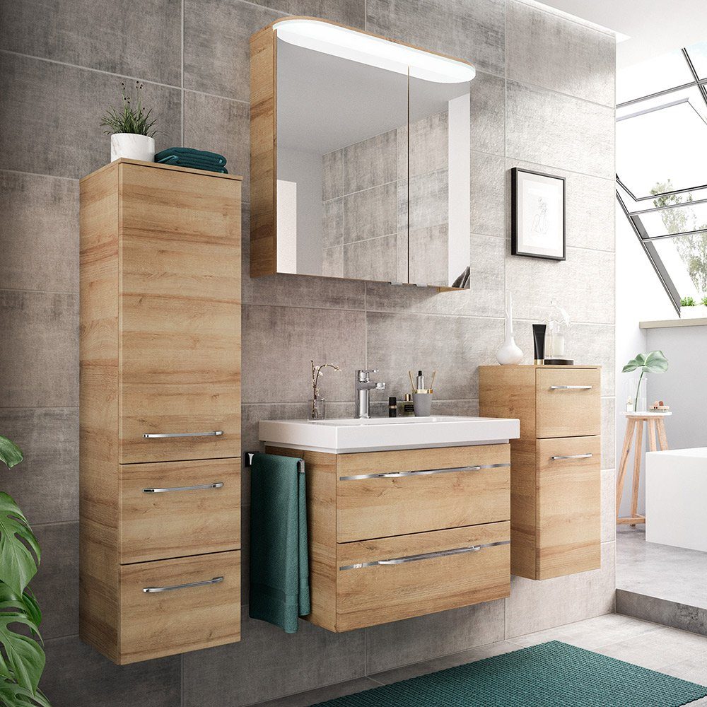 Lomadox Badmöbel-Set BUDVA-66, (Spar-Set, 4-St), Riviera Eiche quer Nb. 161/200/44 cm, Badblock ...