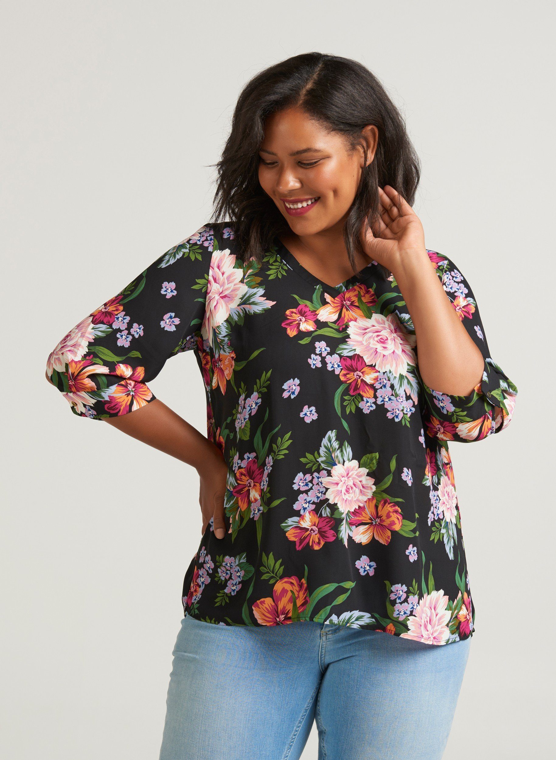 Zizzi Kurzarmbluse Damen Große Größen Tunika 34 Arm Blumenmuster