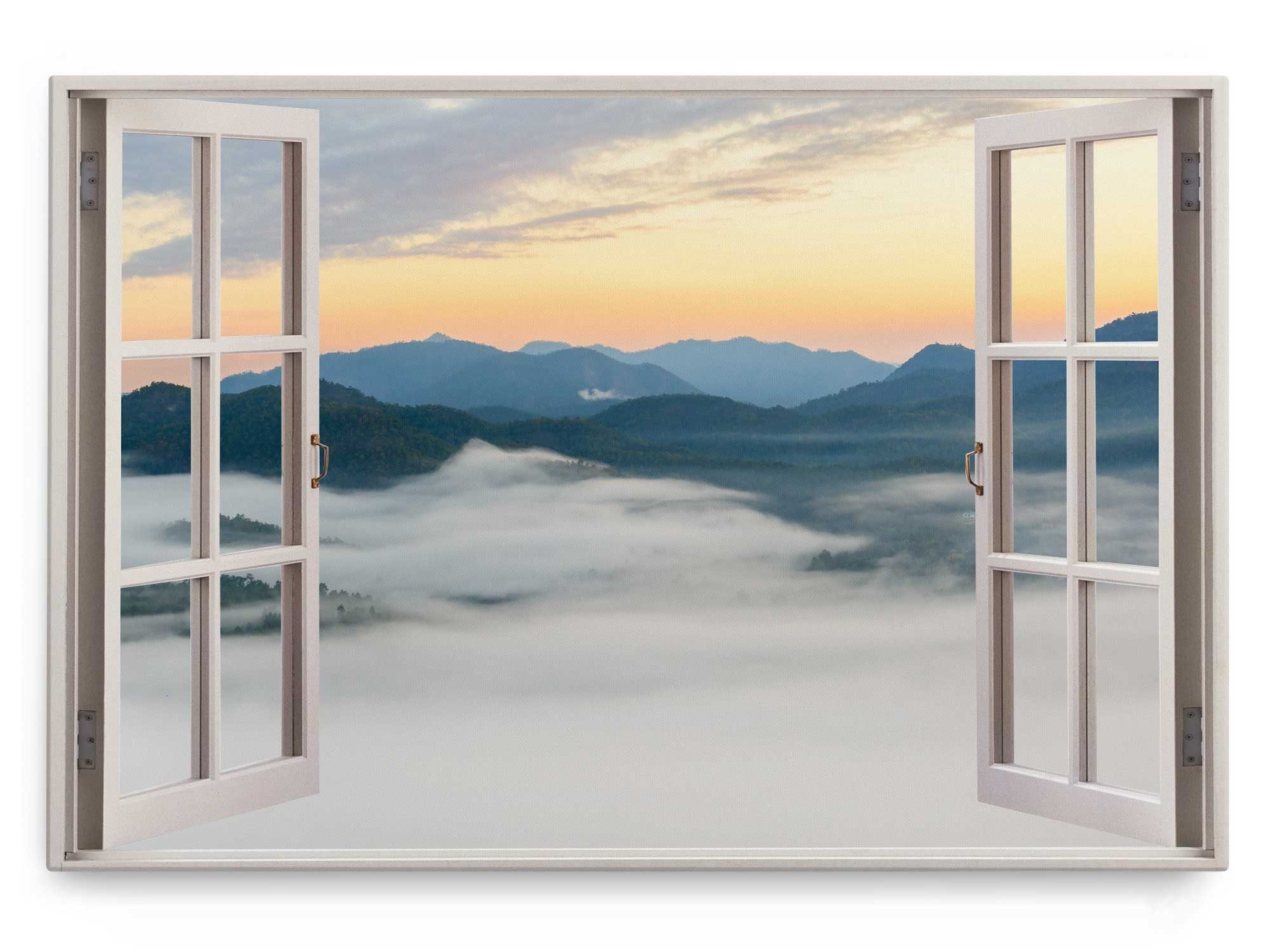 Sinus Art Leinwandbild Wandbild 120x80cm Fensterbild Berge Nebel Natur Sonnenuntergang Abendr ...