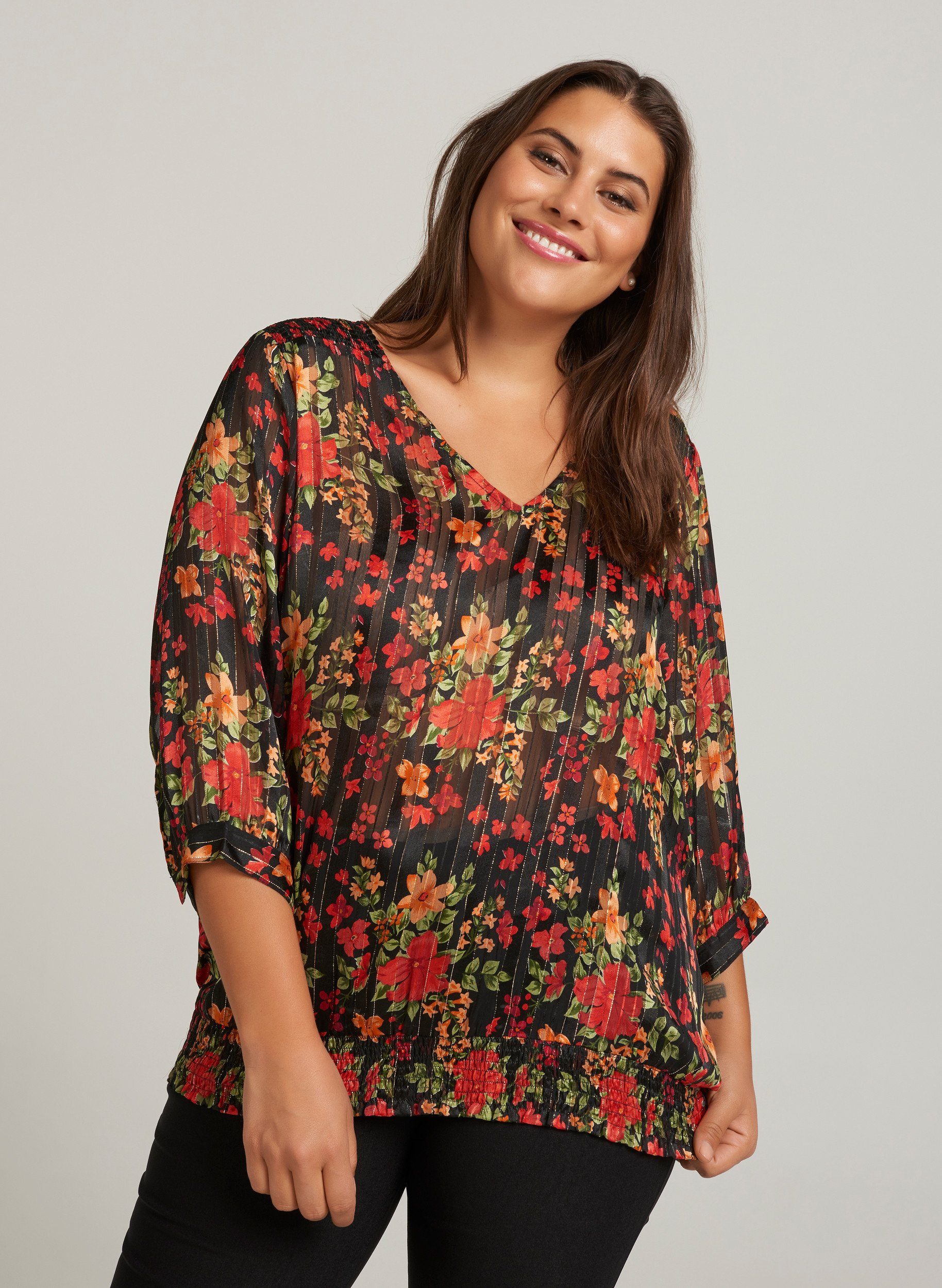 Zizzi Kurzarmbluse Damen Große Größen Bluse Blumenmuster 34 Arm Leicht