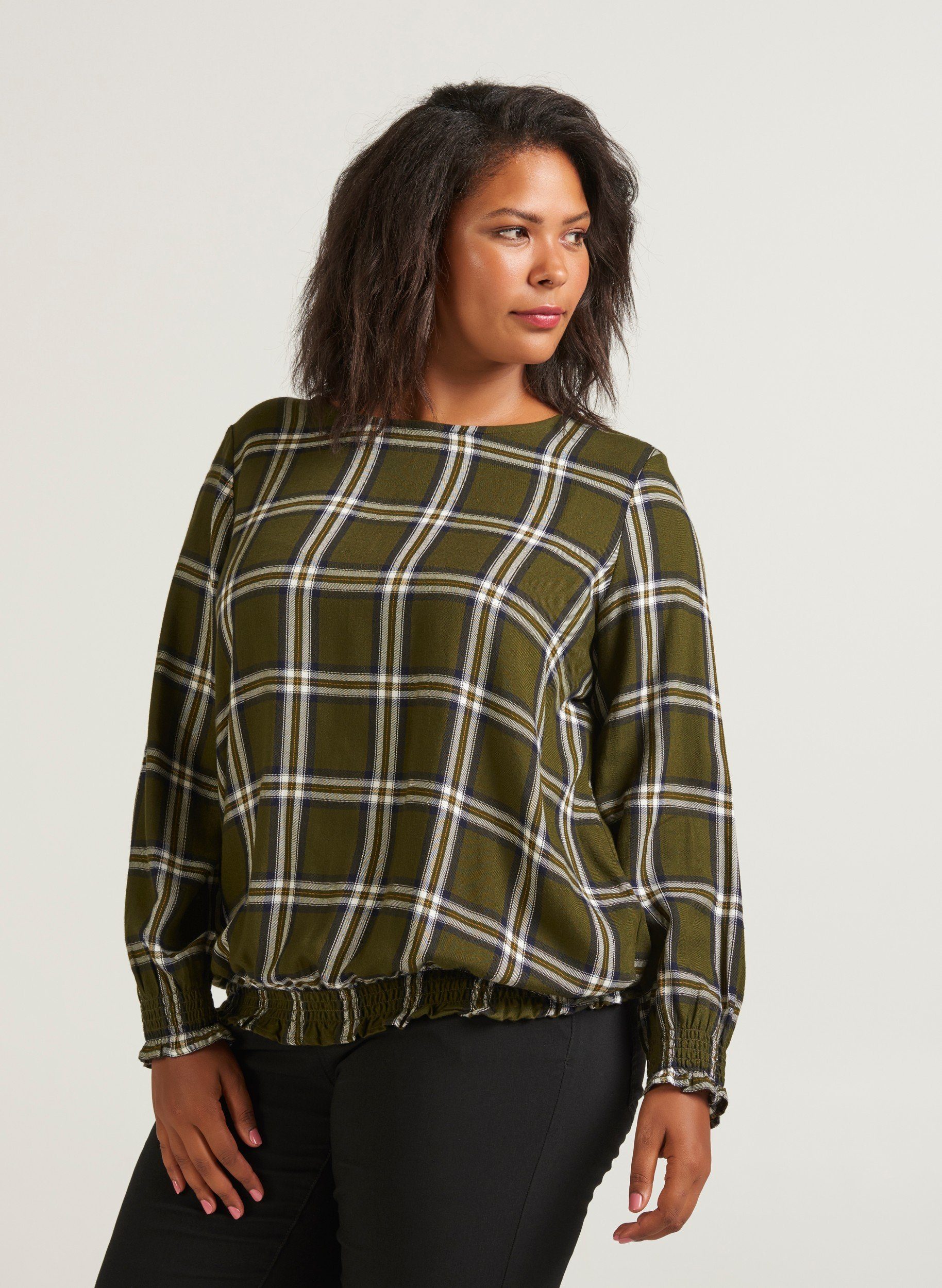 Zizzi Langarmbluse Damen Große Größen Bluse Elegant Kariert Langarm