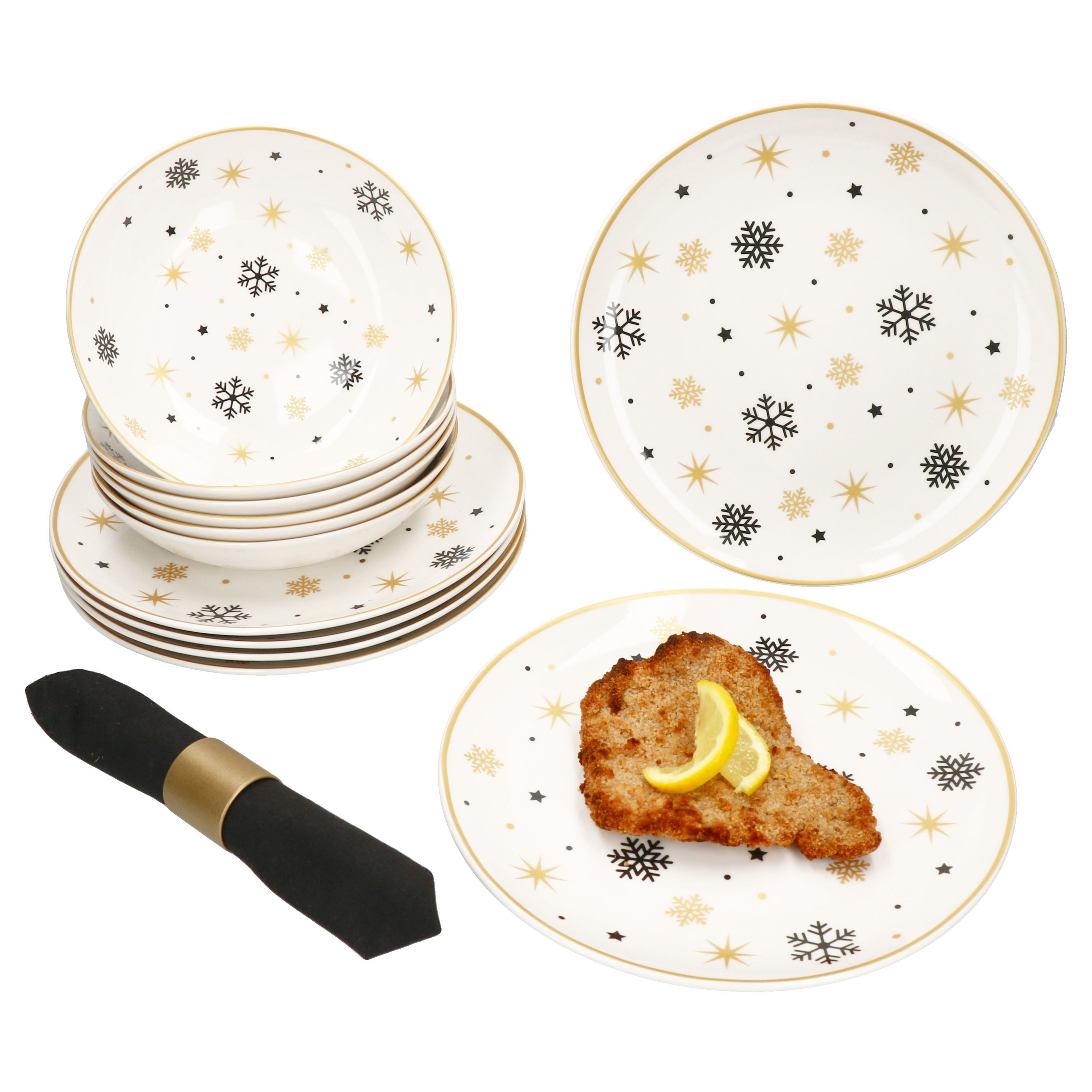 MamboCat Tafelservice 12tlg Tafelservice Stars schwarz gold 6 Personen Weihnachten, Steingut
