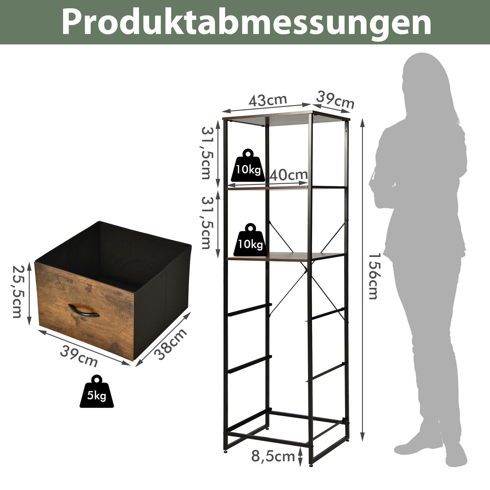 COSTWAY Standregal, mit 3 Regalen & klappbaren Schubladen, schmal ...