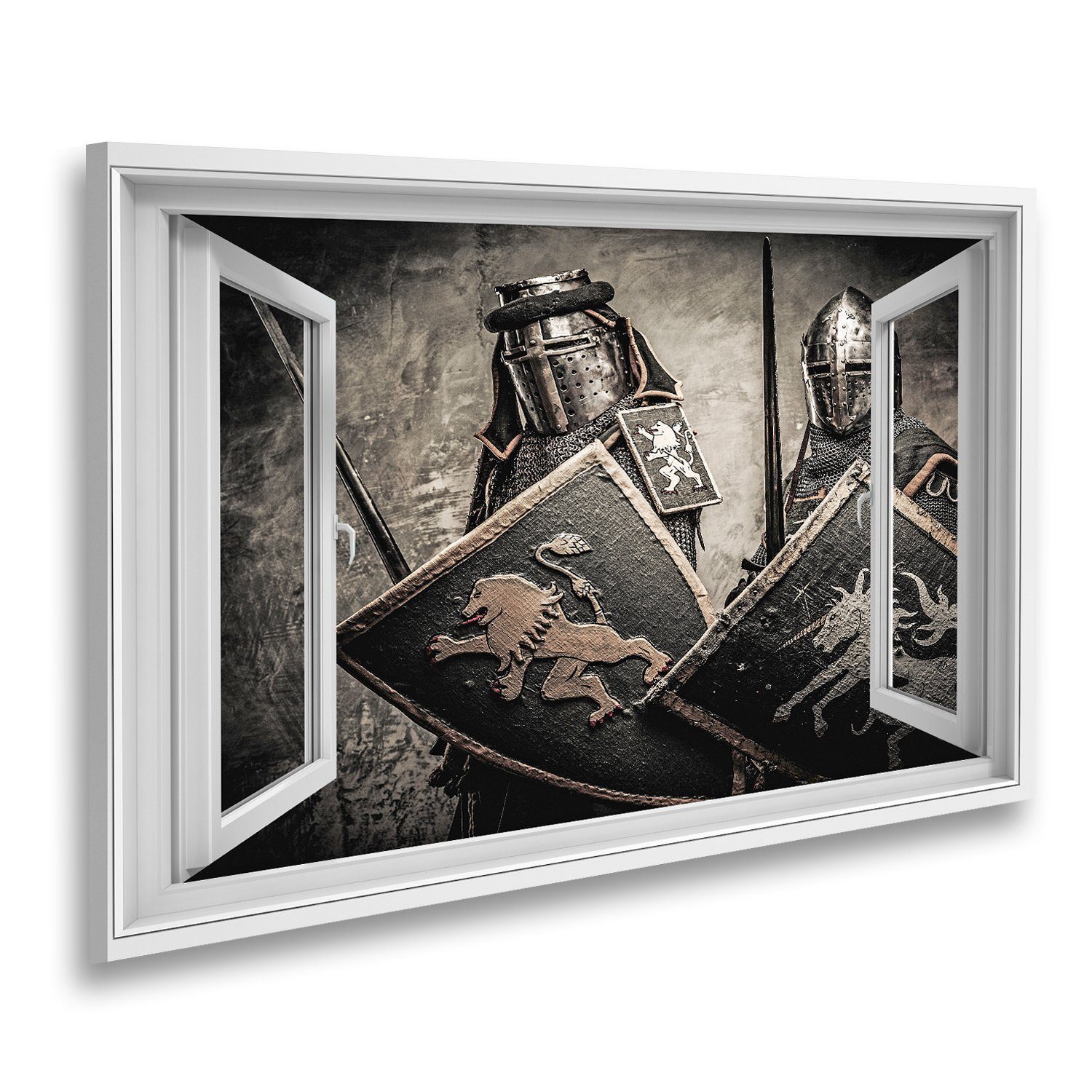 islandburner Leinwandbild Fensterblick Mittelalterliche Ritter gegen Steinmauer Sagenhafter Effe