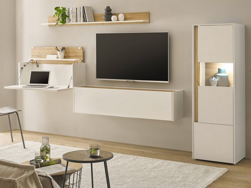 Furndesign Wohnwand Center In Weiß Matt Mit Wotan Eiche 4 Teilig
