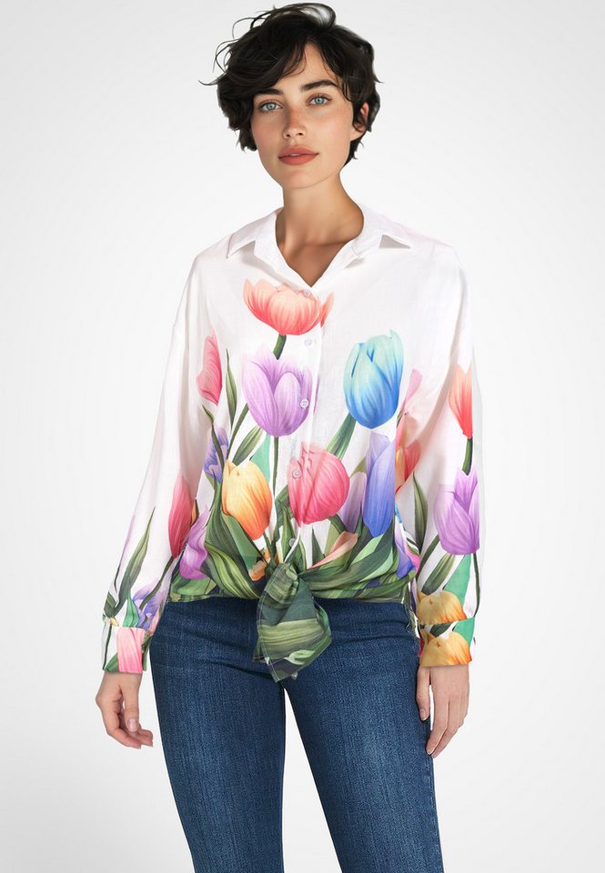 Pekivessa Hemdbluse Bluse Mit Langen Ärmeln Blumenprint Weiß