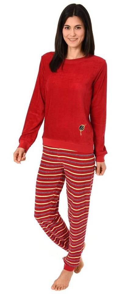 Normann Pyjama Damen Frottee Pyjama Langarm Mit Bündchen Hose Gestreift