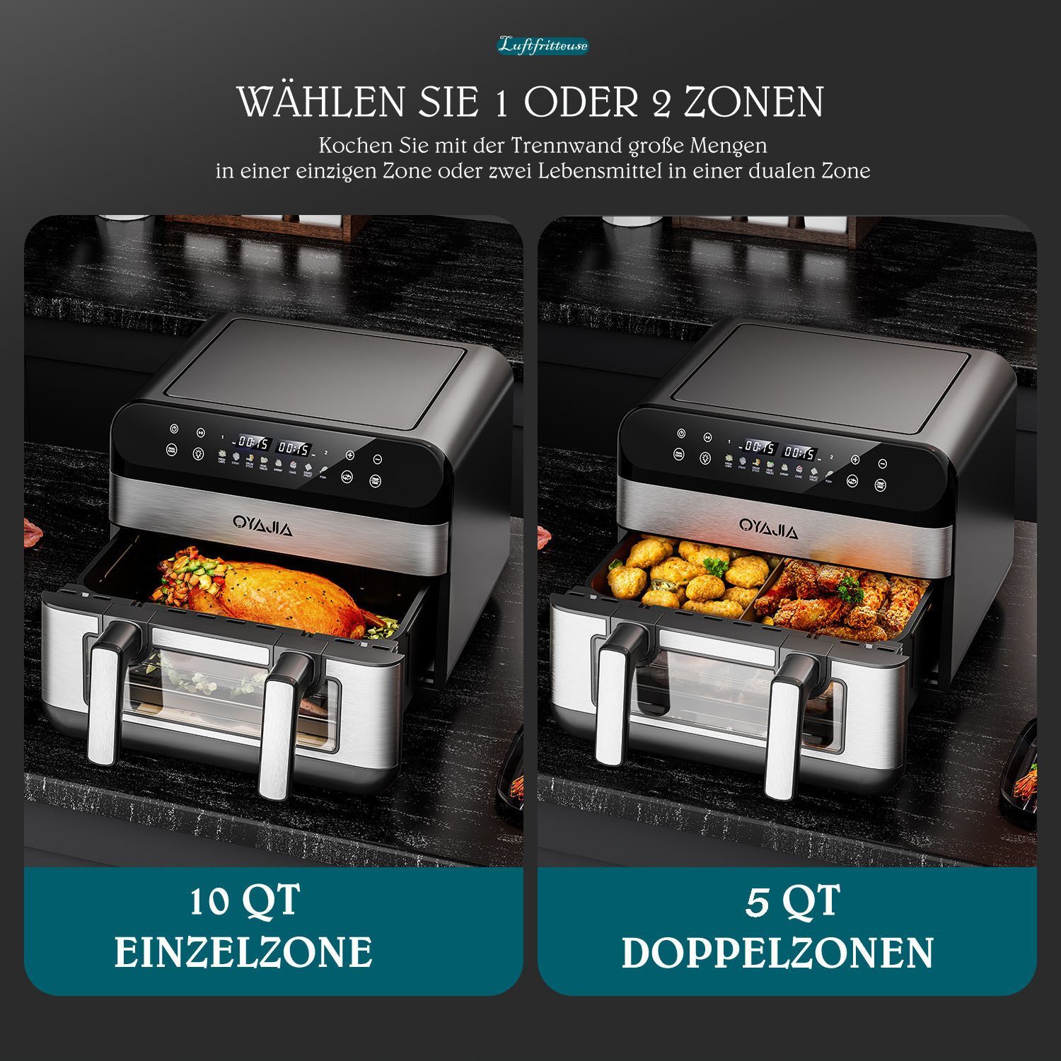 oyajia Heißluftfritteuse Heißluftfritteuse 2 Kammern, 10L Airfryer ...