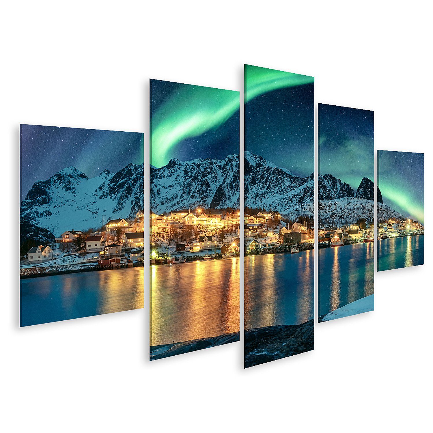 islandburner Leinwandbild Bild auf Leinwand Aurora Borealis über Fischerdorf Beleuchtung Küstenl