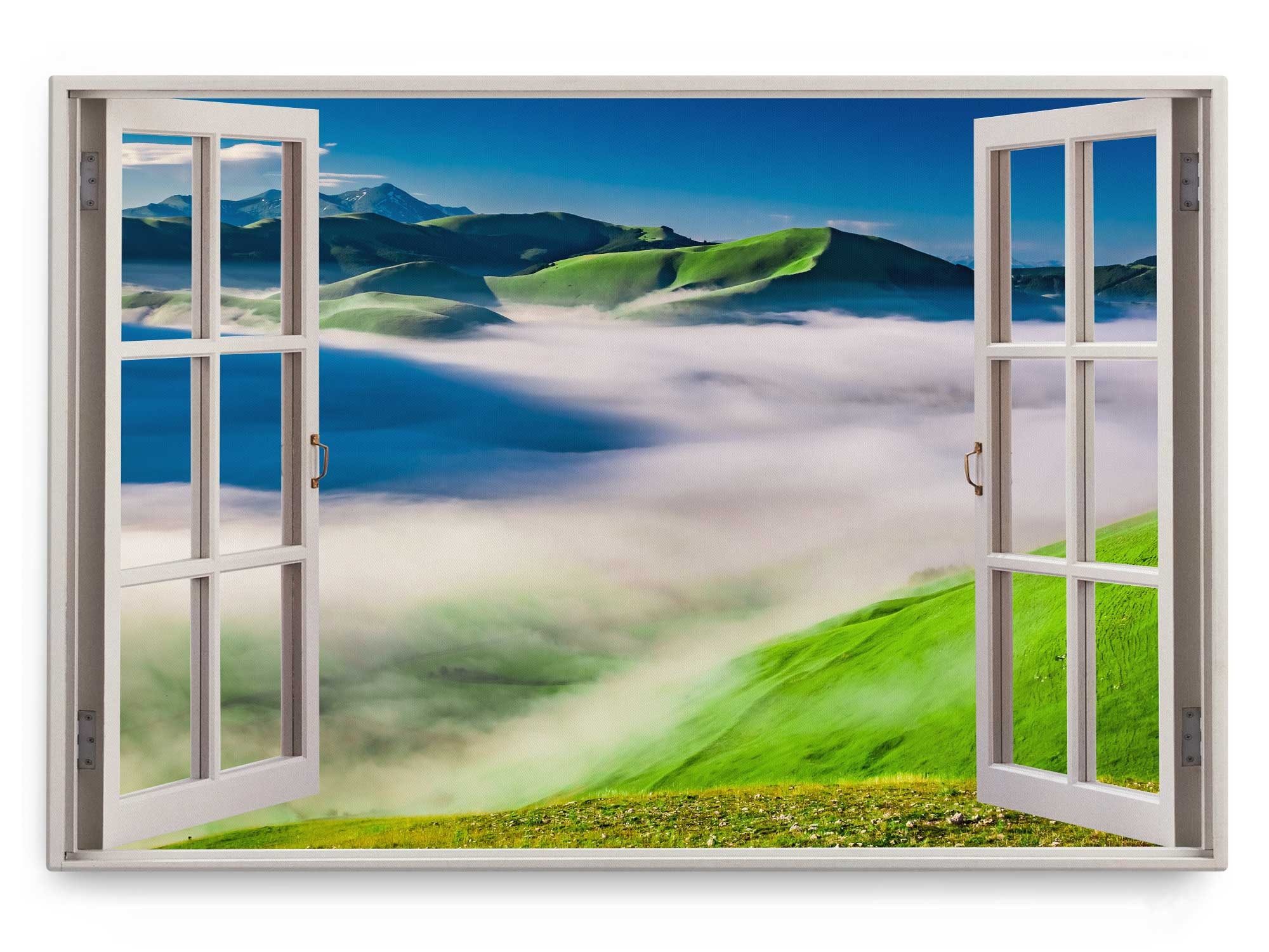 Sinus Art Leinwandbild Wandbild 120x80cm Fensterbild Über den Wolken Berge Tal Nebel Grün Nat ...