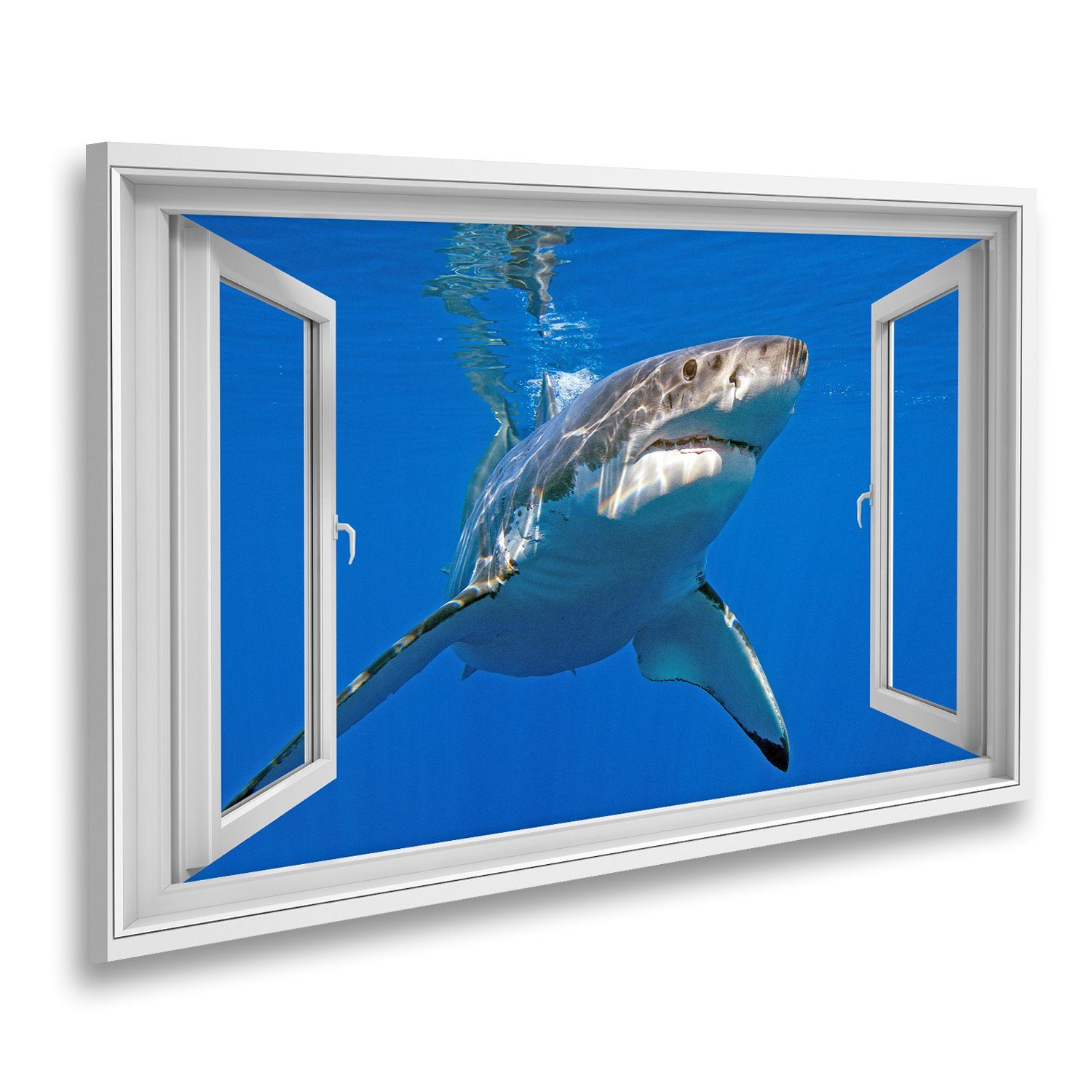 islandburner Leinwandbild Fensterblick Der Weiße Hai auf dem Weg zu Ihnen auf dem Hintergrund de