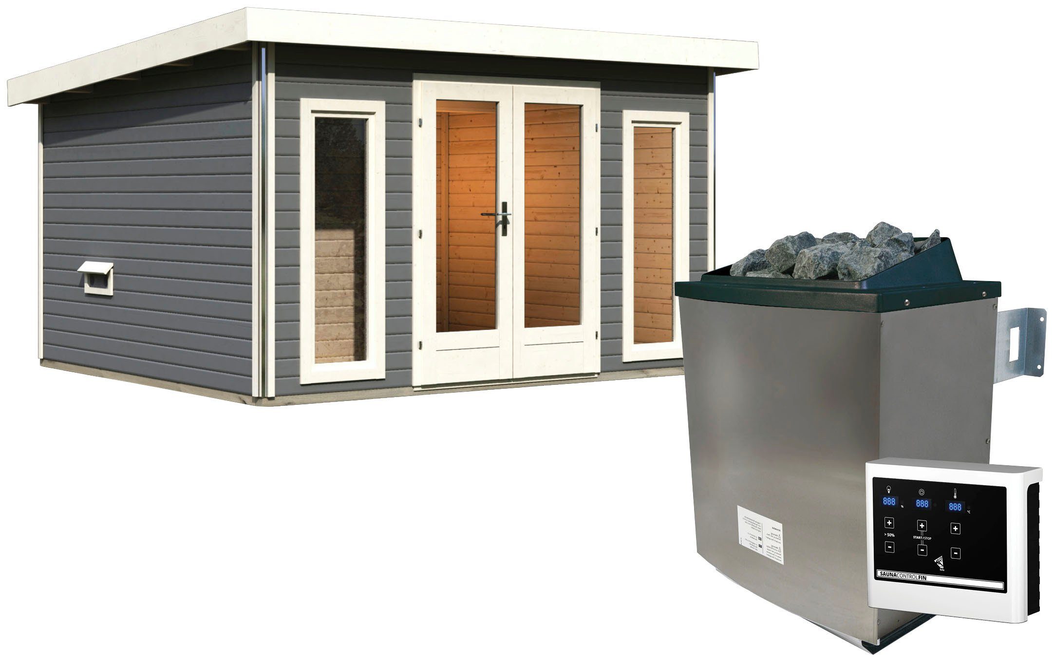 Karibu Saunahaus Maiko 2B, BxTxH: 369 x 309 x 229 cm, 38 mm, (Set) Ofen 9 kW ext. Strg., DIY ...