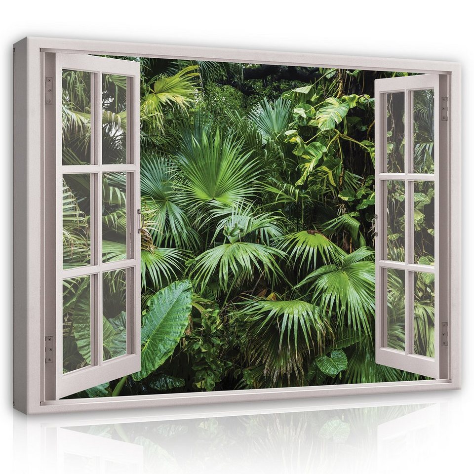 Wallarena Leinwandbild Fensterblick Dschungel Wald Blätter Grün Fenster
