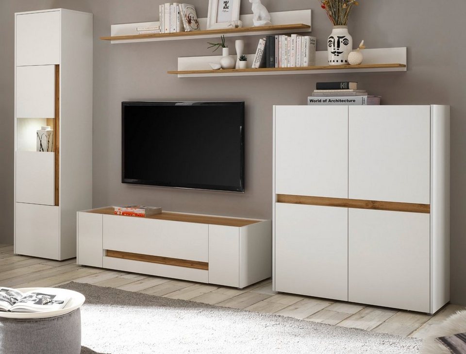Furndesign Wohnwand Center Wohnzimmer Set 5 Teilig In Weiß Mit Wotan