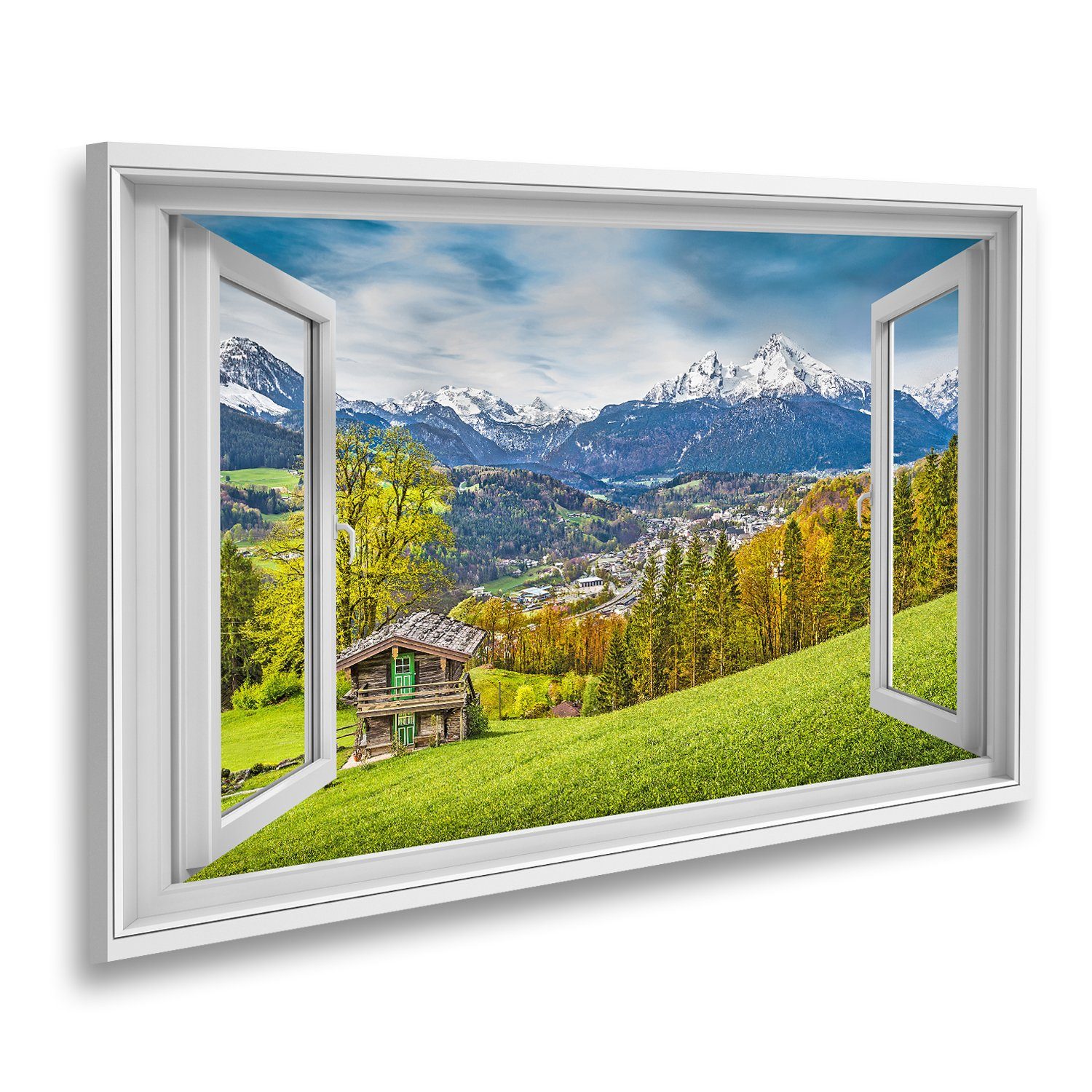 islandburner Leinwandbild Fensterblick Schöne Berglandschaft in den bayerischen Alpen mit Bercht