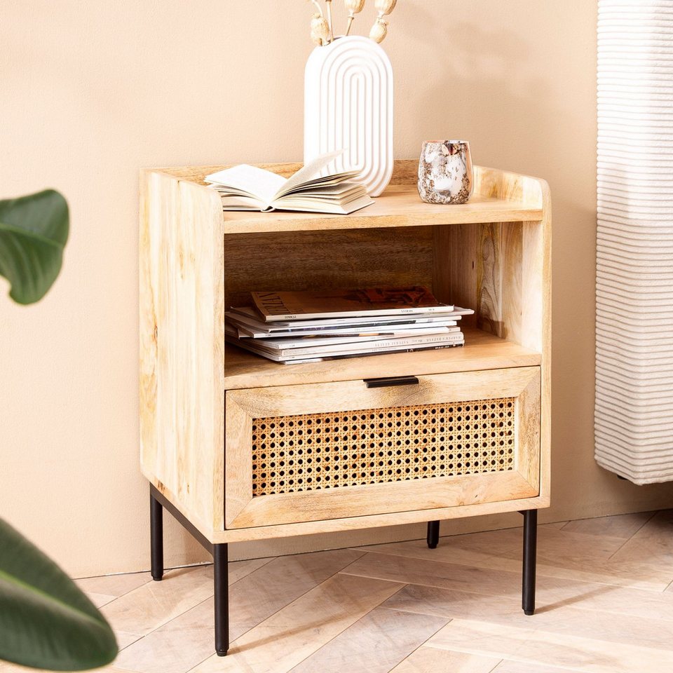 Finebuy Nachttisch Fb98149 Massivholz Rattan 50x60x40 Cm