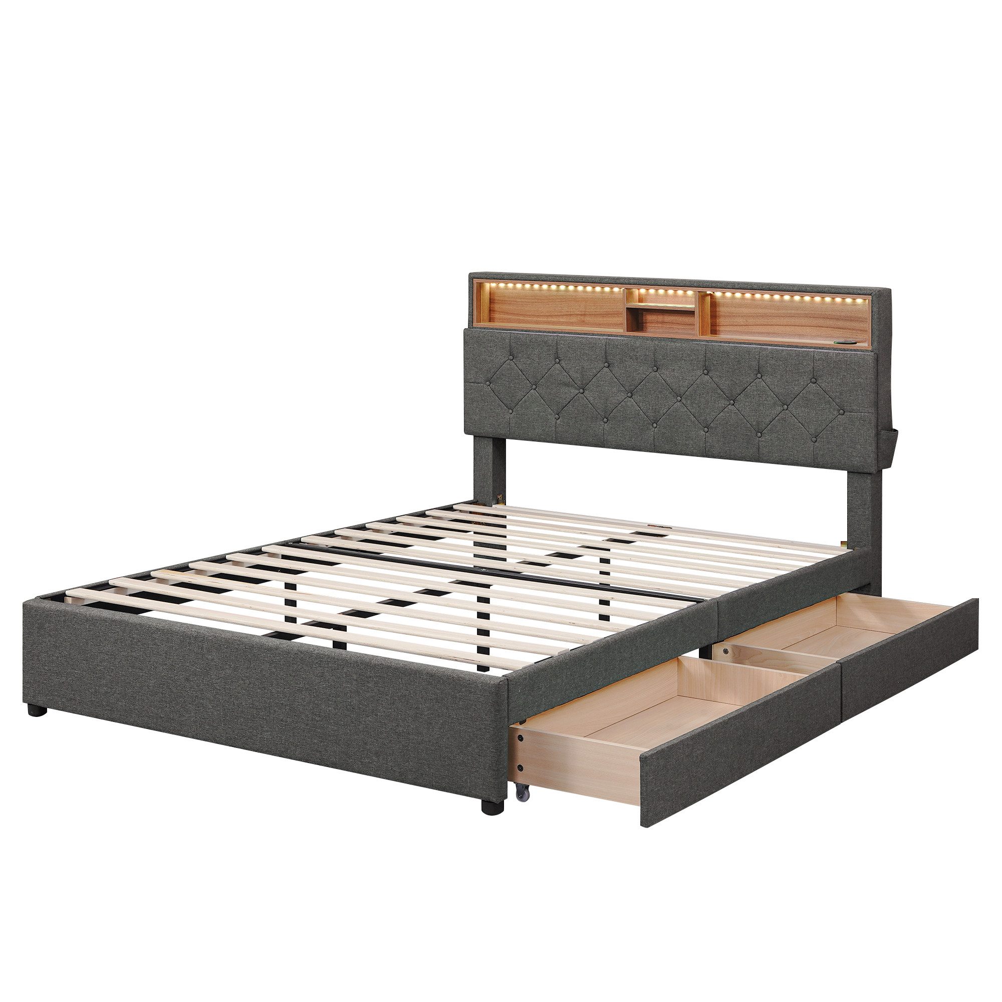 Dopwii Polsterbett 140x200cm Doppelbett Stauraum Kopfteil Funktionsbett