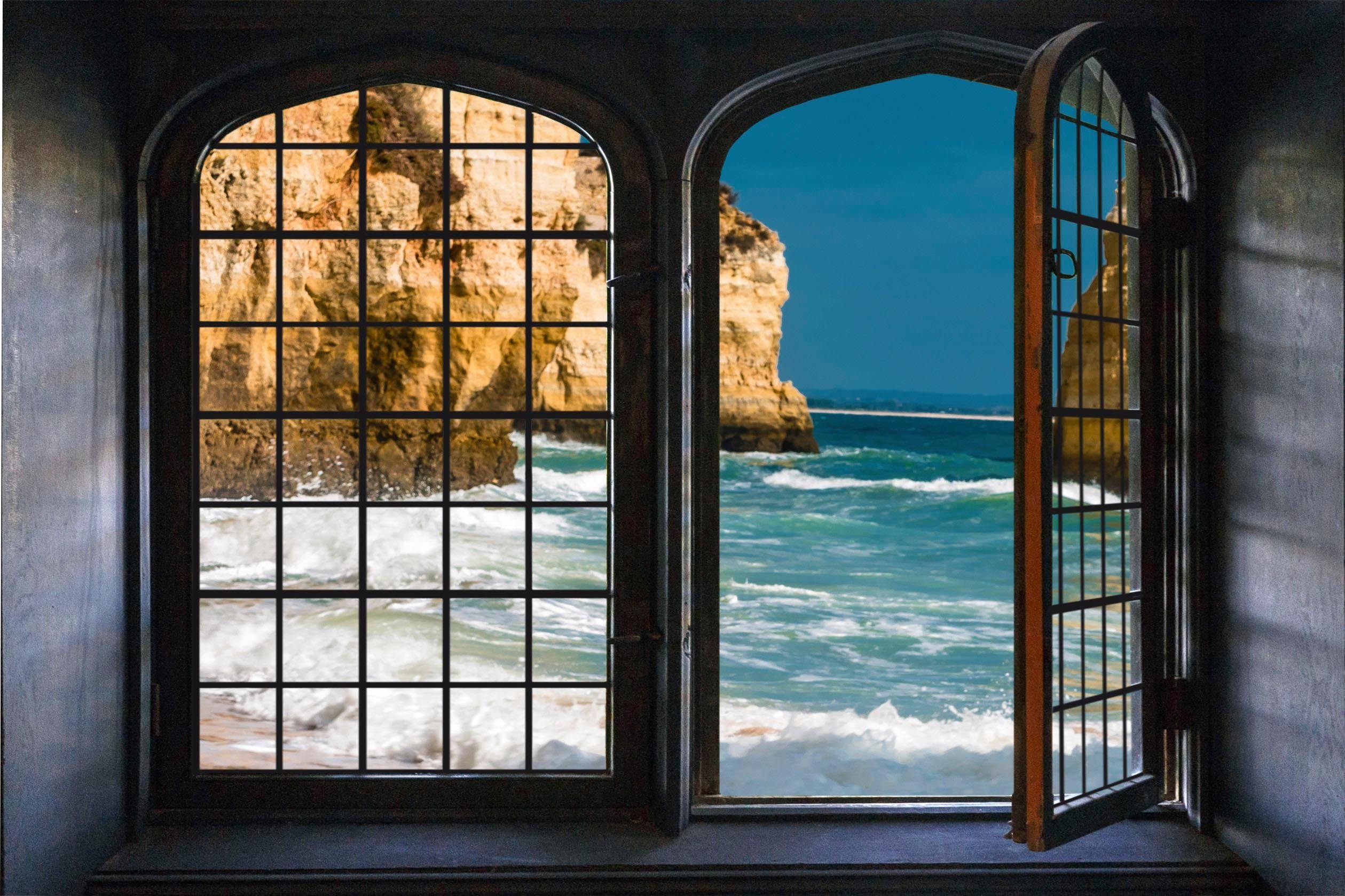 queence Wandsticker Fels im Meer, Wandsticker, Wandbild, selbstklebend, 3D, Fenster, Wandtattoo