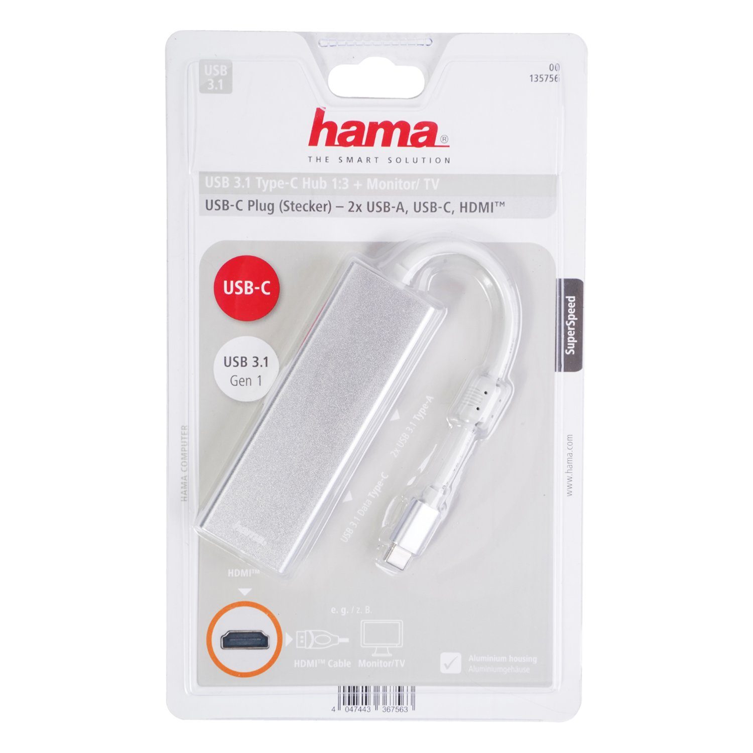 Hama USB-C USB-Hub 1:3 + HDMI auf USB Adapter USB-Kabel, SuperSpeed USB ...