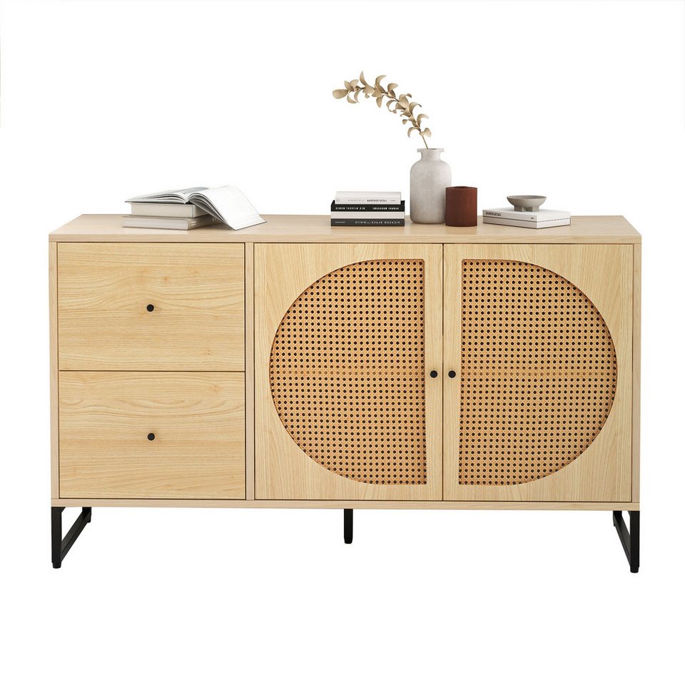 Modfu Sideboard Kommode Mehrzweckschrank Mit 2 Rattan Verzierten Türen