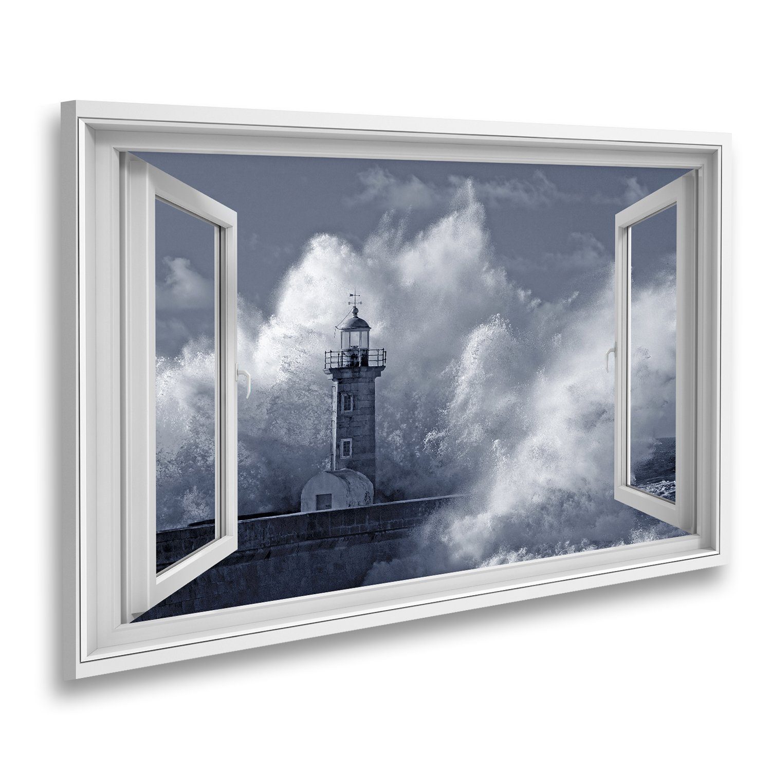 islandburner Leinwandbild Fensterblick Großer Ozean Stürmische Wellen über dem alten Leuchtturm