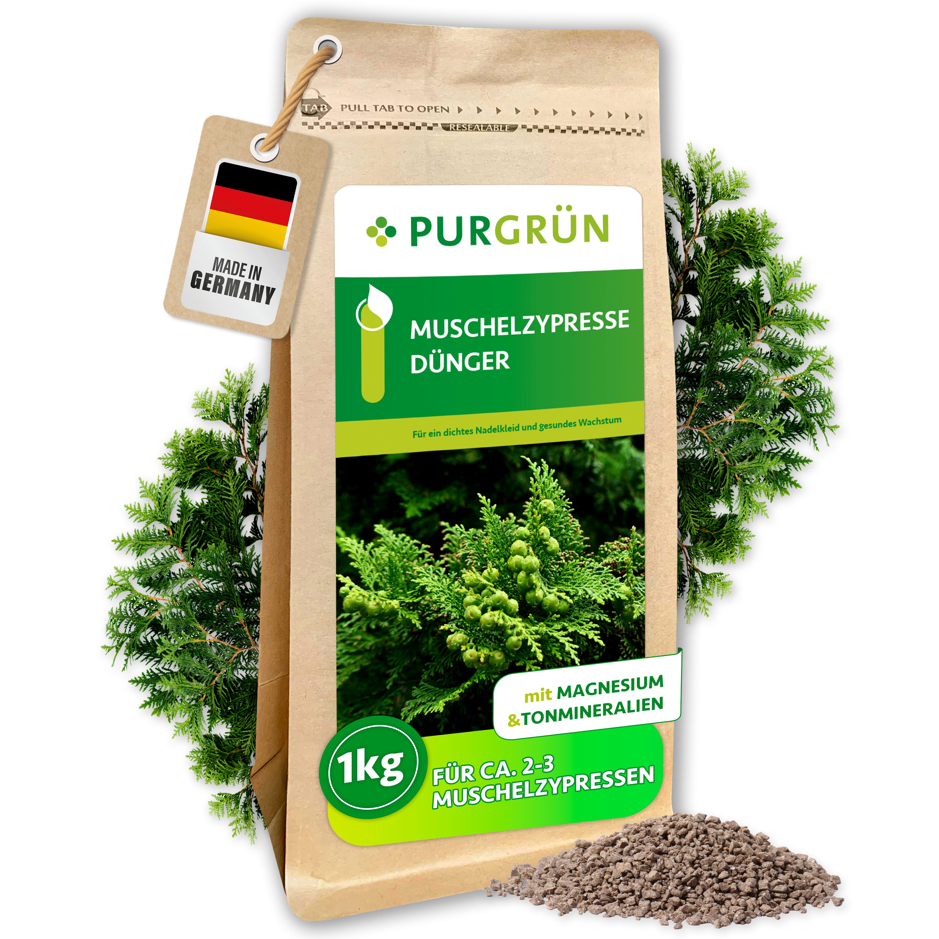 Purgrün Gartendünger Muschelzypresse Dünger, NPK 9+4+8, Mg für grüne Nadeln, 1 kg, Granulat, 1 ...