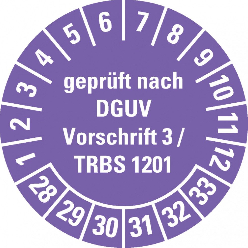 Dreifke Hinweisschild Prüfplak. DGUV Vorschrift 3/TRBS 1201, 28-33, violett, Dokufolie, Ø30m