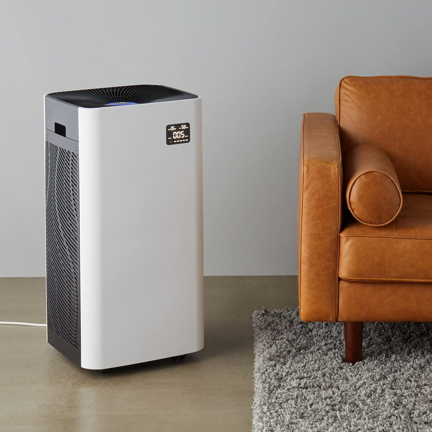 Amazon Basics Luftreiniger mit HEPA Filter entfernt 99 von Allergenen Staub Rauch Pollen fur 96 m Raume CADR 800m h Intelligenter Luftqualitatssensor EU Stecker