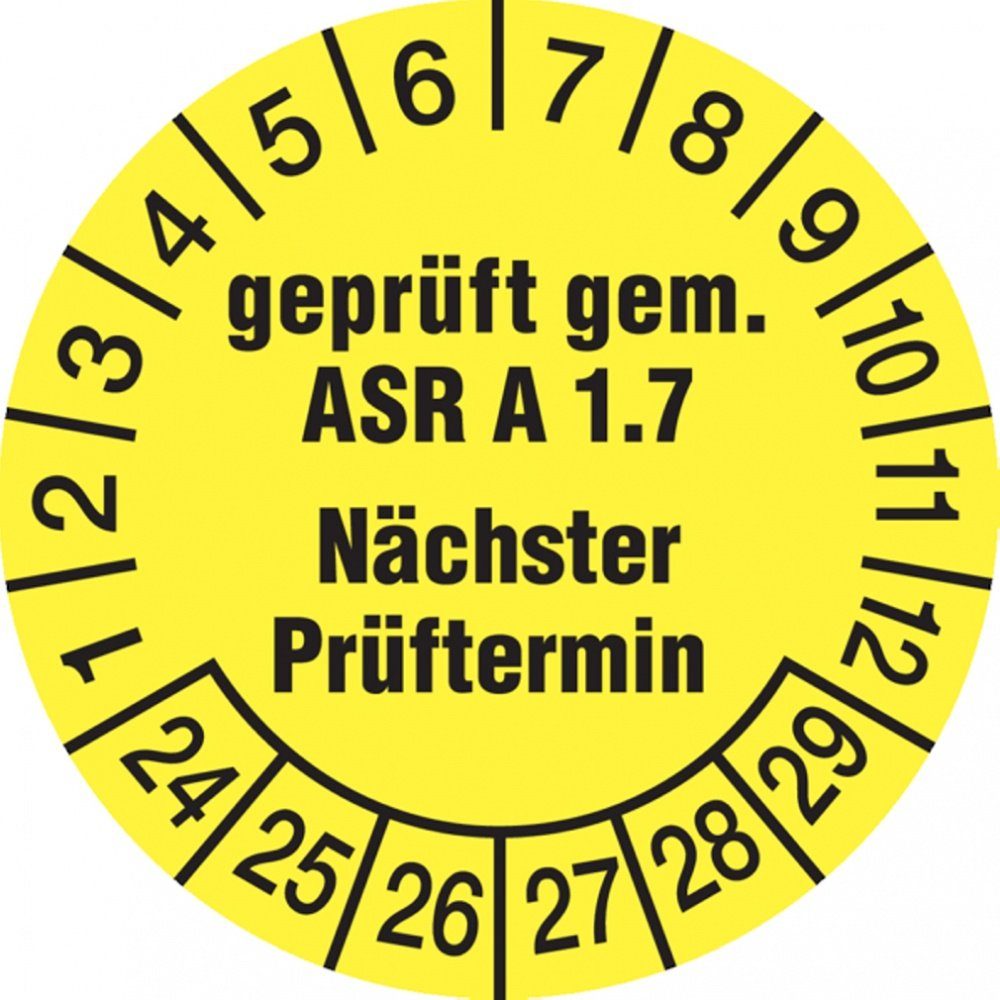 König Werbeanlagen Hinweisschild Plakette ASR A1.7, nächster Prüft., Folie, Ø30mm, 10Pl ...
