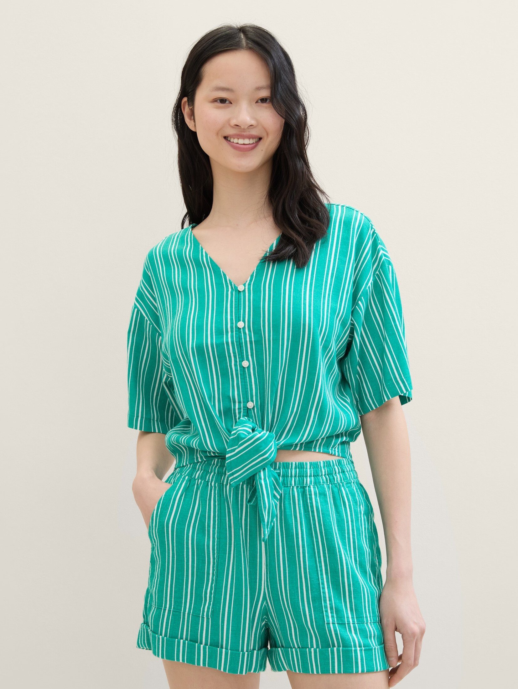 Tom Tailor Denim Kurzarmbluse Cropped Bluse Mit Leinen