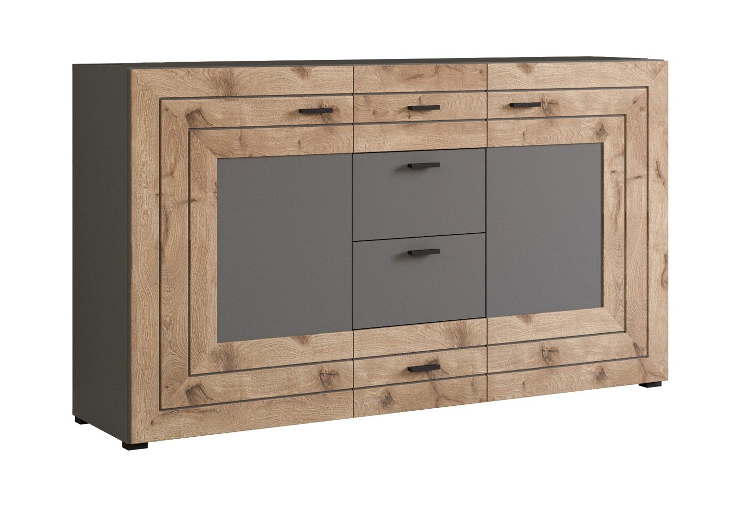 xonox.home Sideboard FRENO, B 160 cm x H 90 cm, Grau matt, Nox Eiche Dekor, 2 Türen, 4 Schubladen