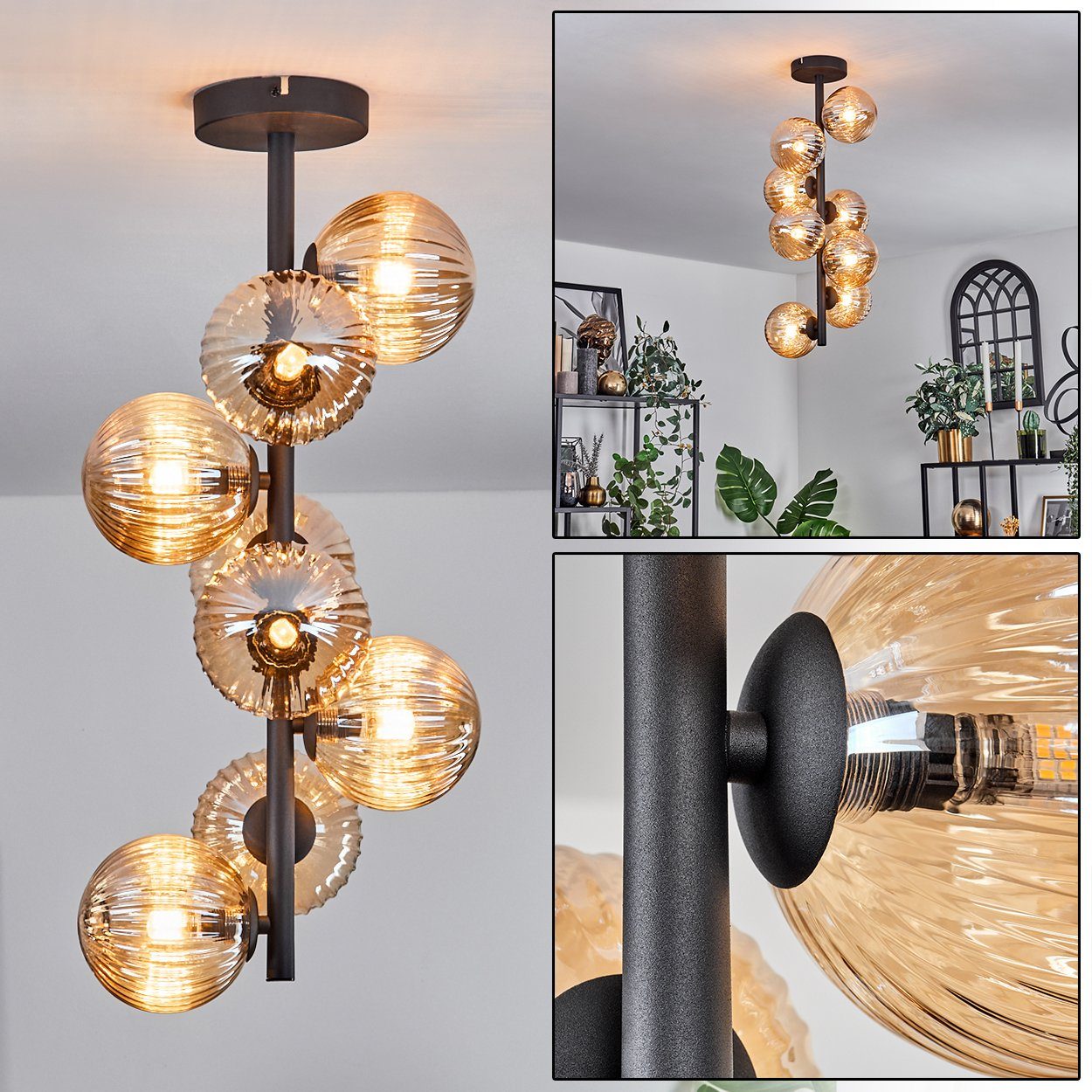 Hofstein Deckenleuchte Deckenlampe Aus Metallriffelglas In Schwarz