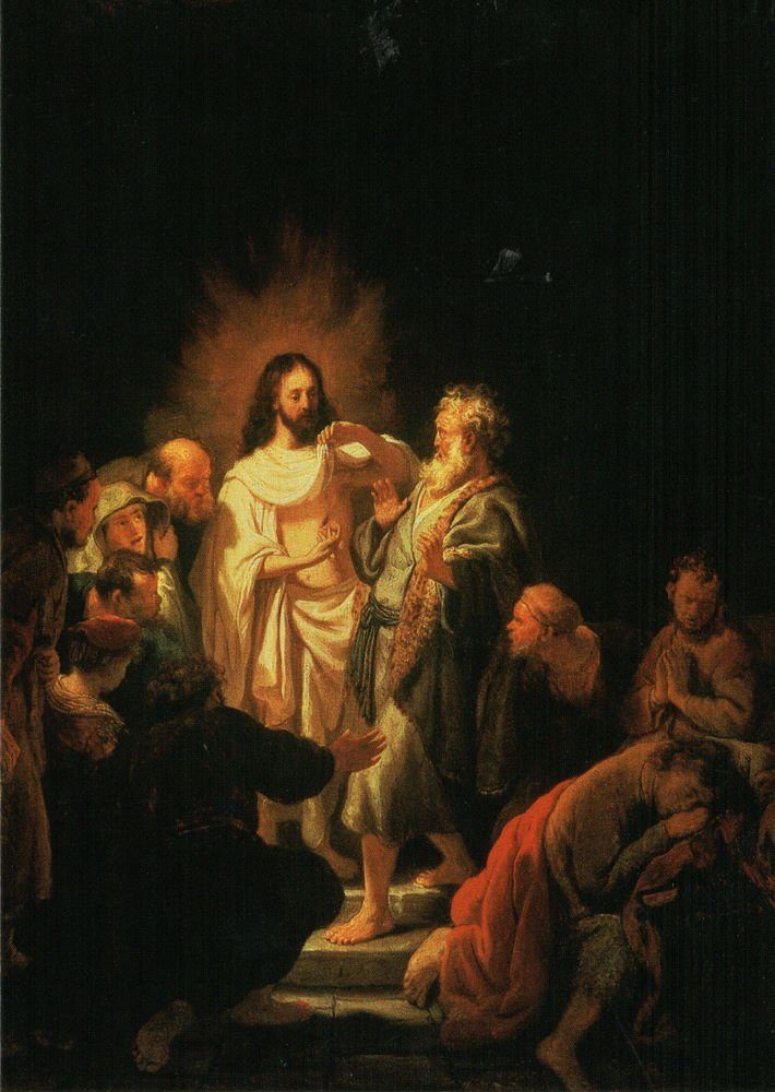Postkarte Kunstkarte Rembrandt "Der Auferstandene zeigt dem Thomas die Wundmale"
