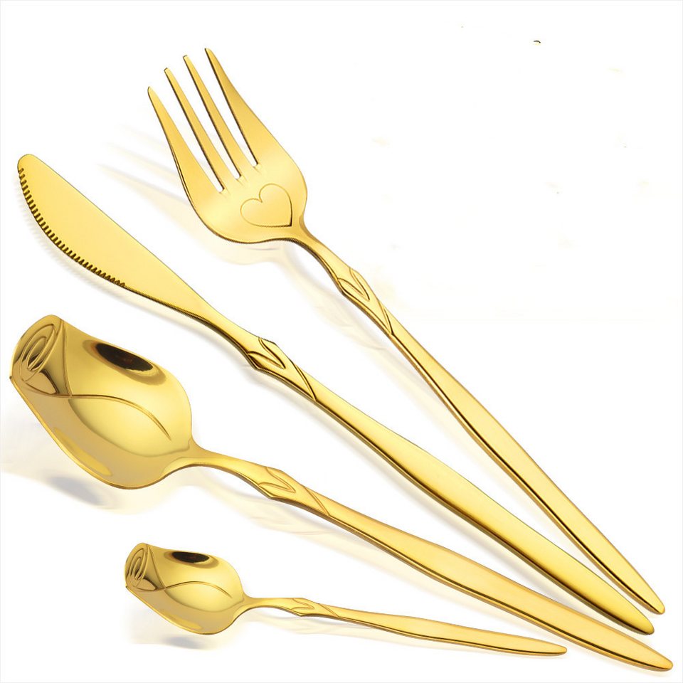 Kinglux Besteck Set 24 Teilig Gold Essbesteck Set Blütenförmiges Design