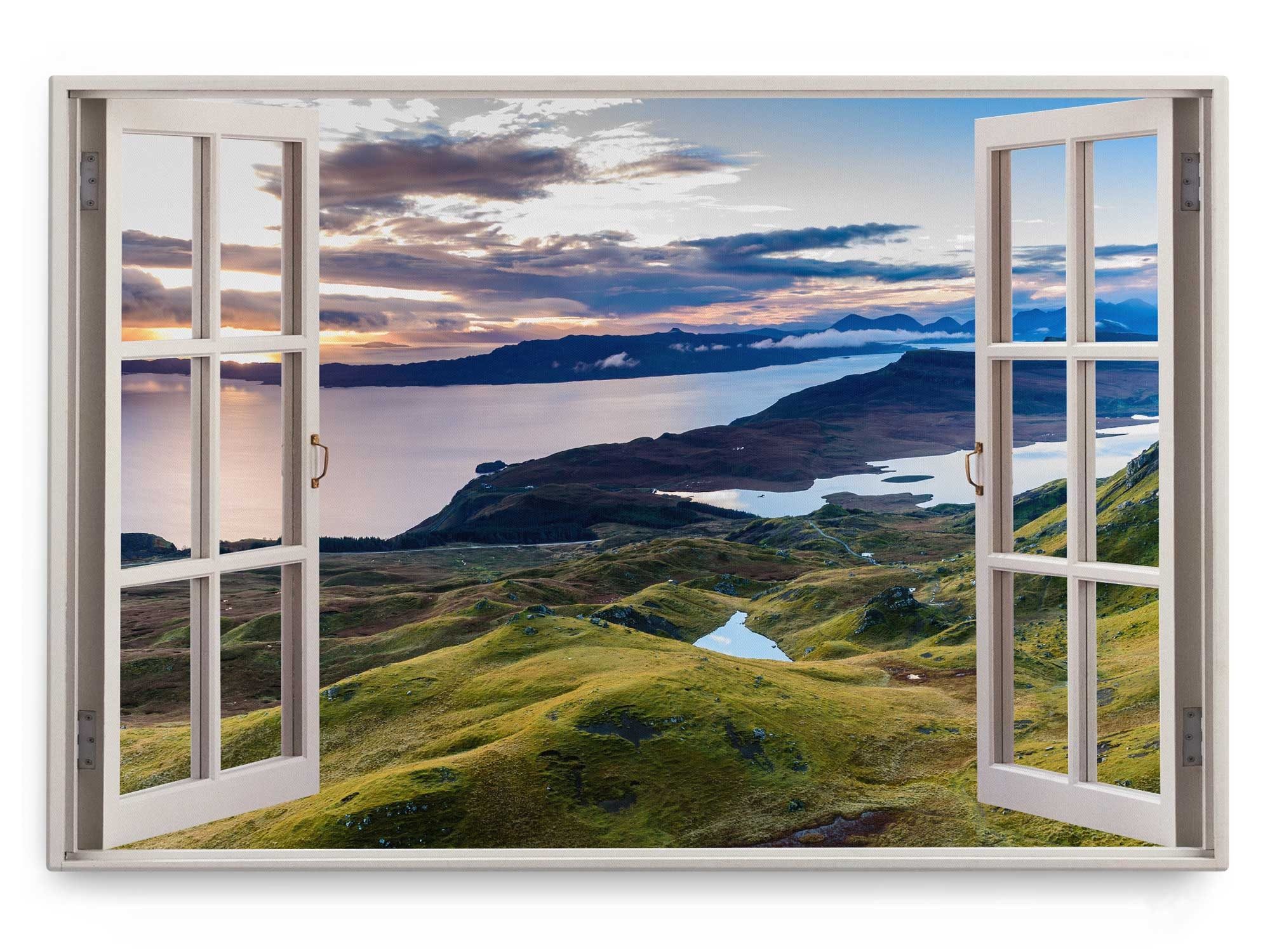 Sinus Art Leinwandbild Wandbild 120x80cm Fensterbild Island Natur Meer Bucht Grün Landschaft, (1 St)