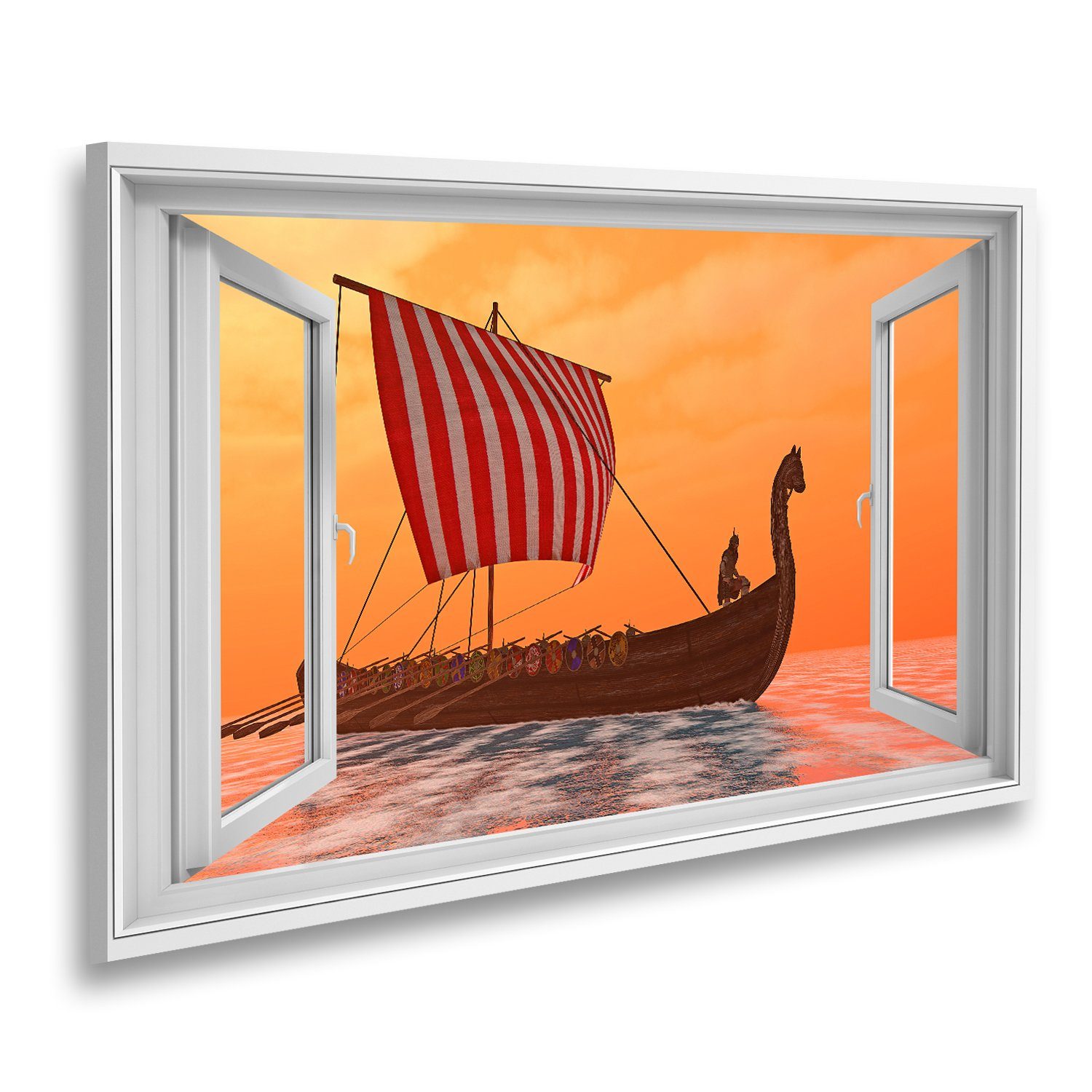 islandburner Leinwandbild Fensterblick EIN Wikinger Langschiff segelt durch ruhige Ozean Gewässe