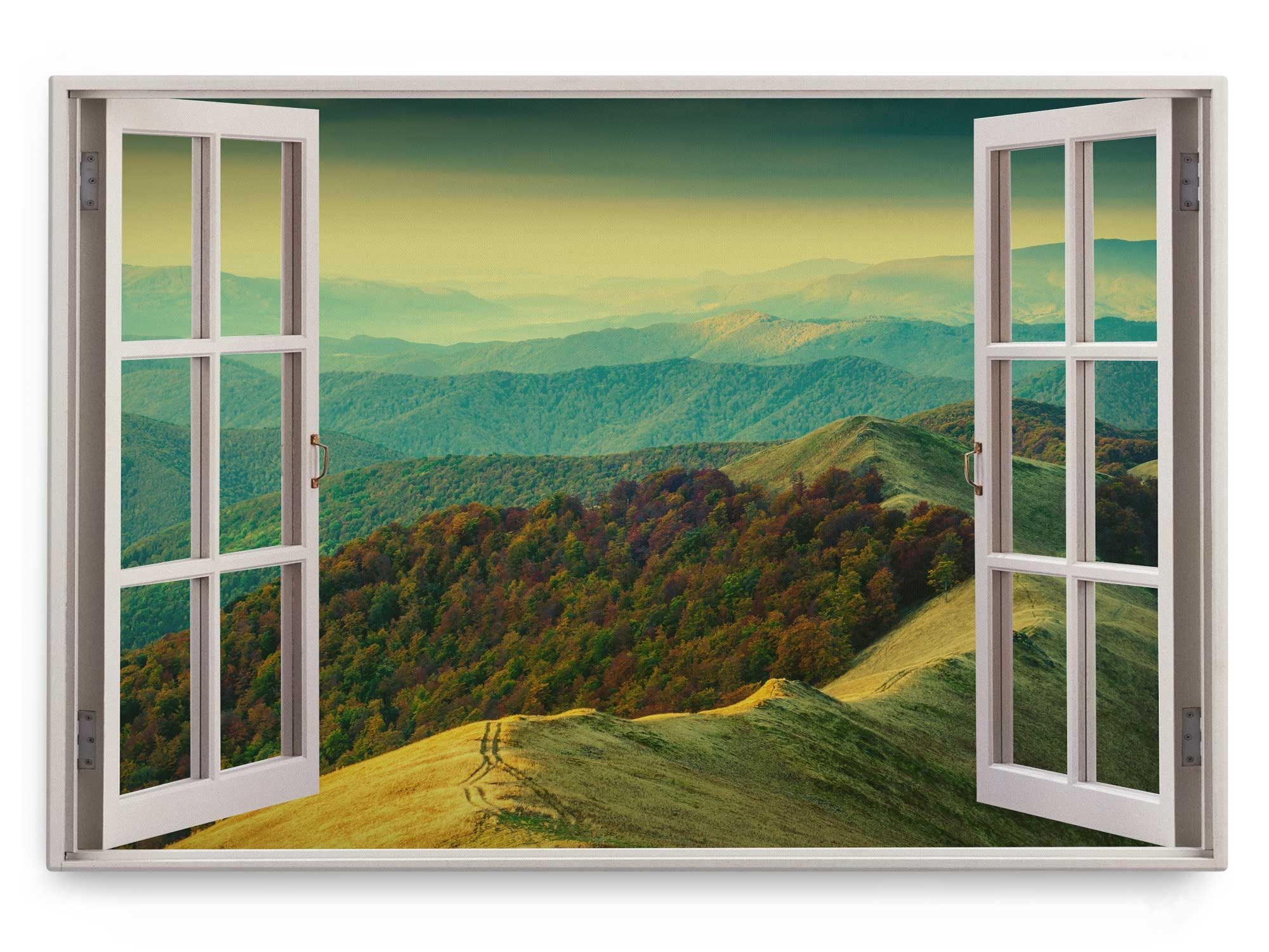 Sinus Art Leinwandbild Wandbild 120x80cm Fensterbild Natur Landschaft Berge Grün Wald Hügel, (1 St)