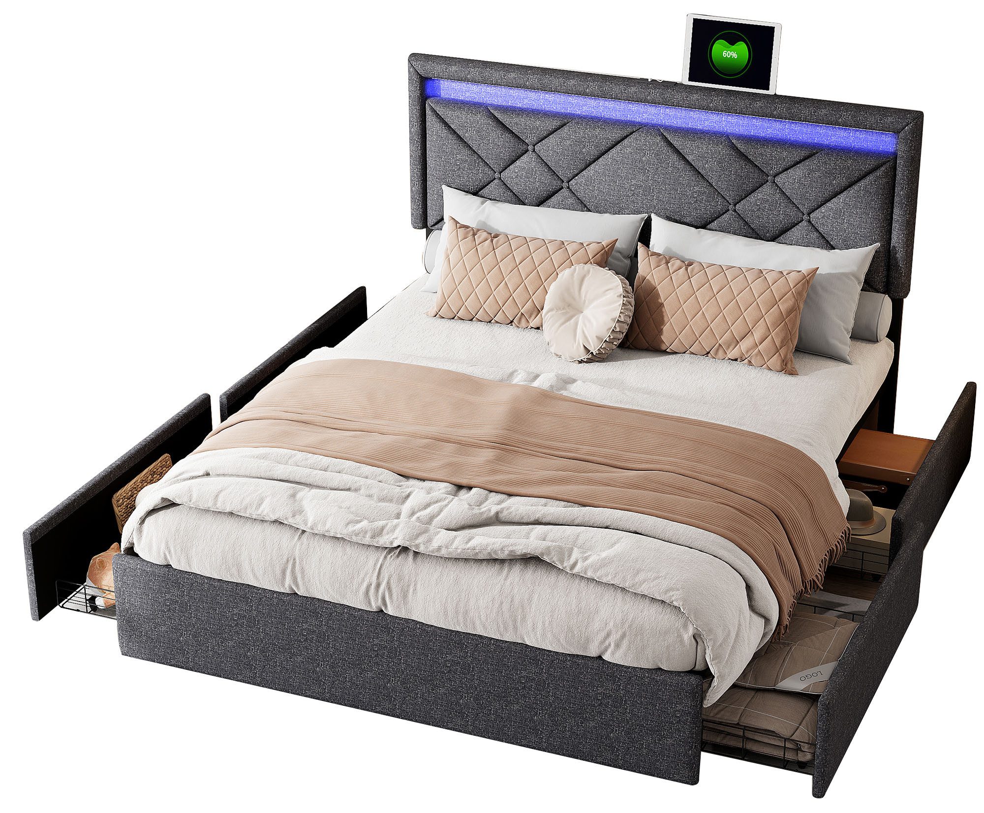 Furokoy Polsterbett Doppelbett Stauraumbett Mit Led Beleuchtung Usb