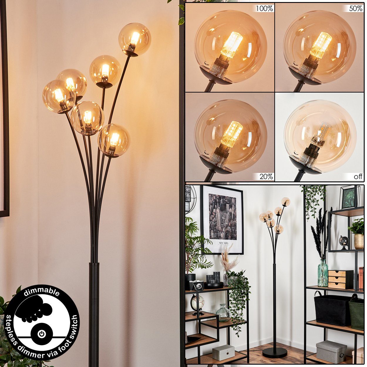 Hofstein Stehlampe Stehlampe Aus Metallglas In Schwarzbernstein Ohne