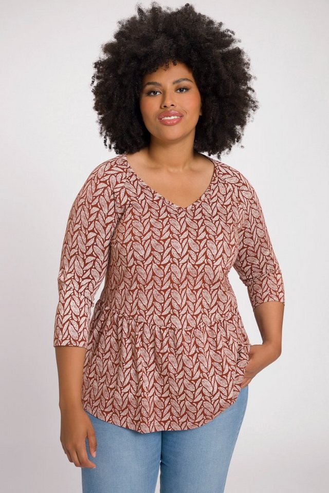 Ulla Popken Rundhalsshirt Shirt Federmuster A Linie V Ausschnitt 34 Arm