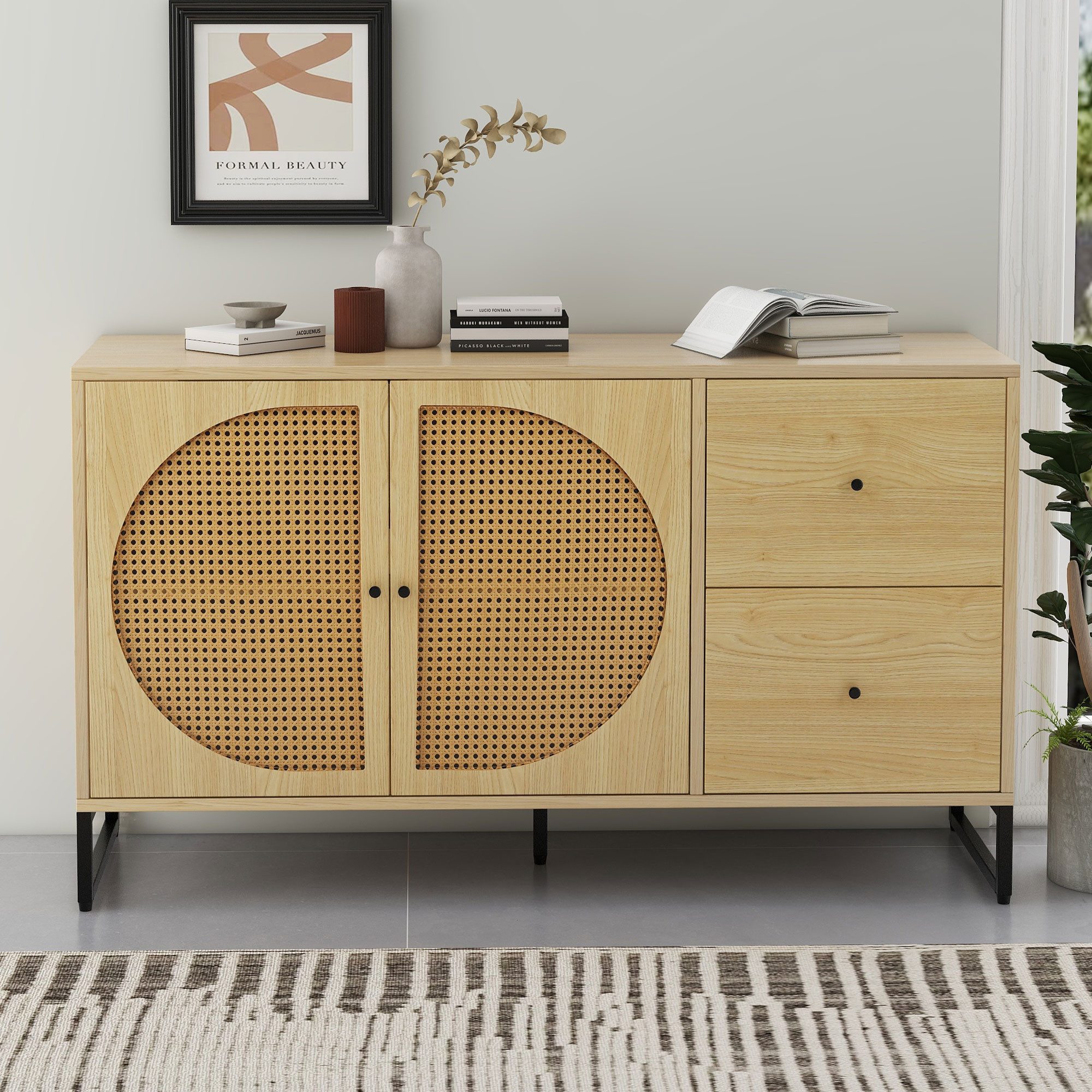 Ideasy Schubkastenkommode Rattan Sideboard Kommode Küchenschrank