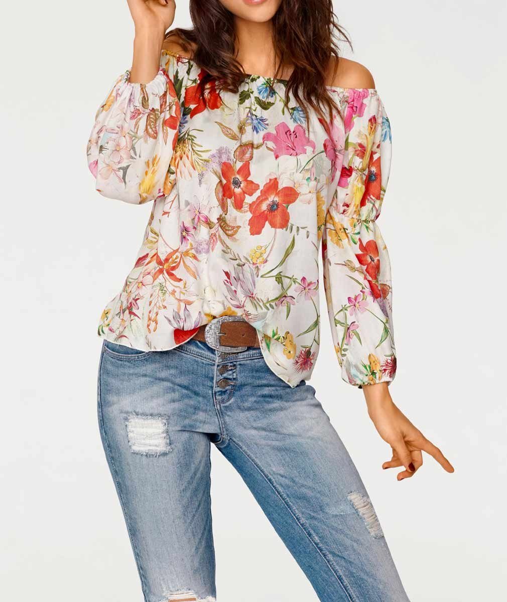 Heine Spitzenbluse Linea Tesini Damen Designer Carmenbluse Bunt Bluse