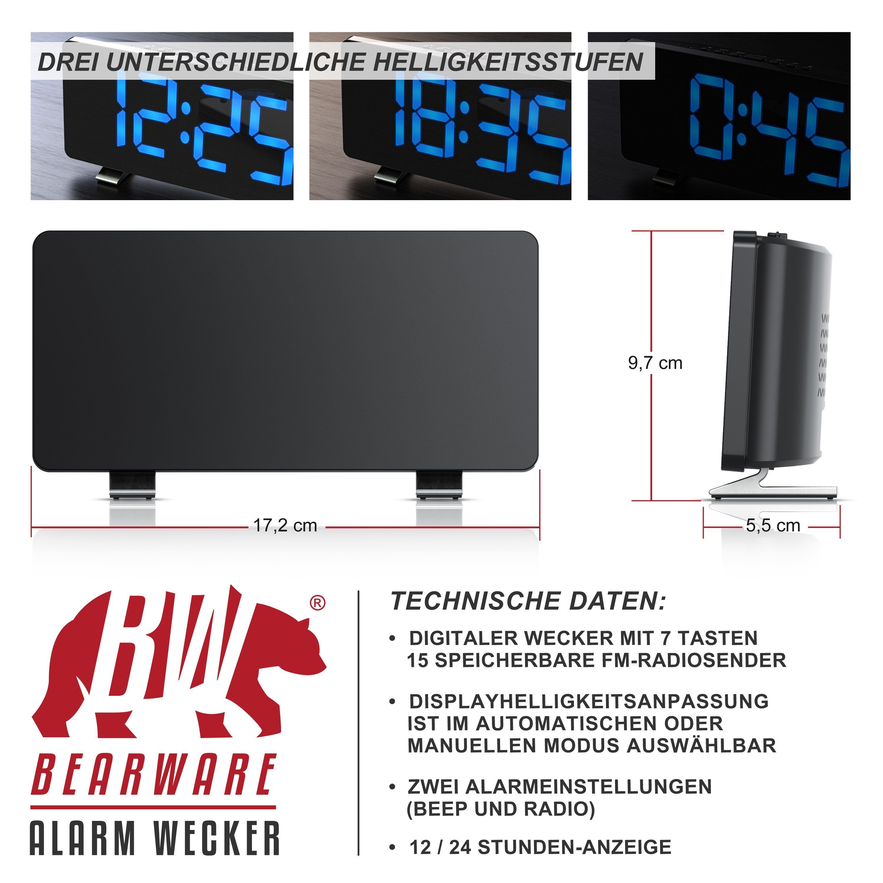BEARWARE Radiowecker Digitaler Radio Wecker mit Autodimmer, Snooze, 15 ...
