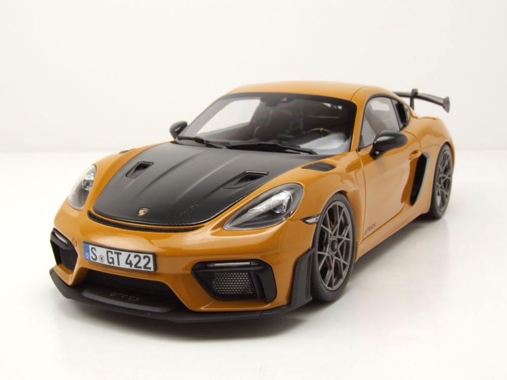 Norev Modellauto Porsche Cayman GT4 RS Weissach Package 2023 gelb schwarz, Maßstab 1:18