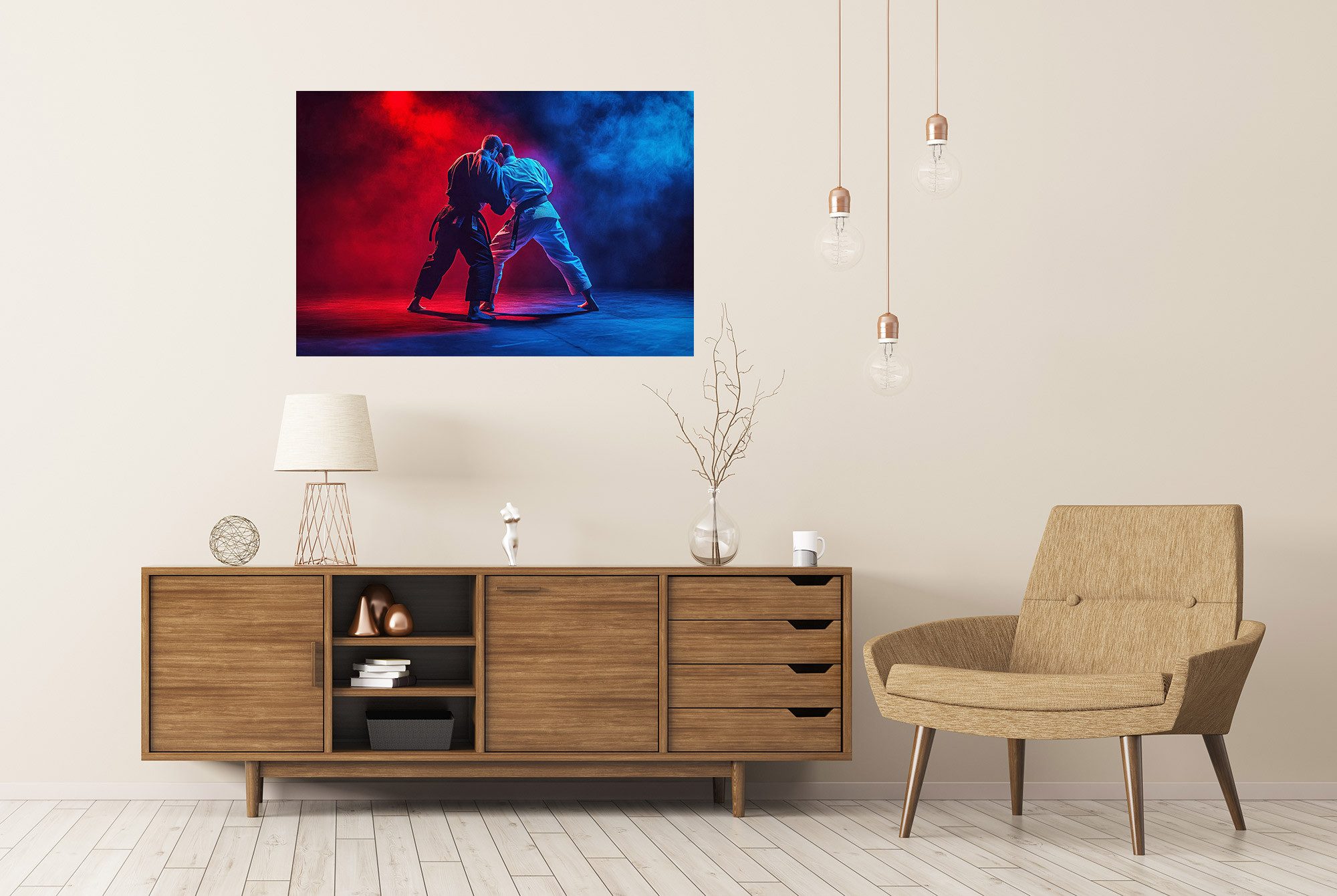 islandburner Poster, Kampfsportler im roten und blauen Licht, Print