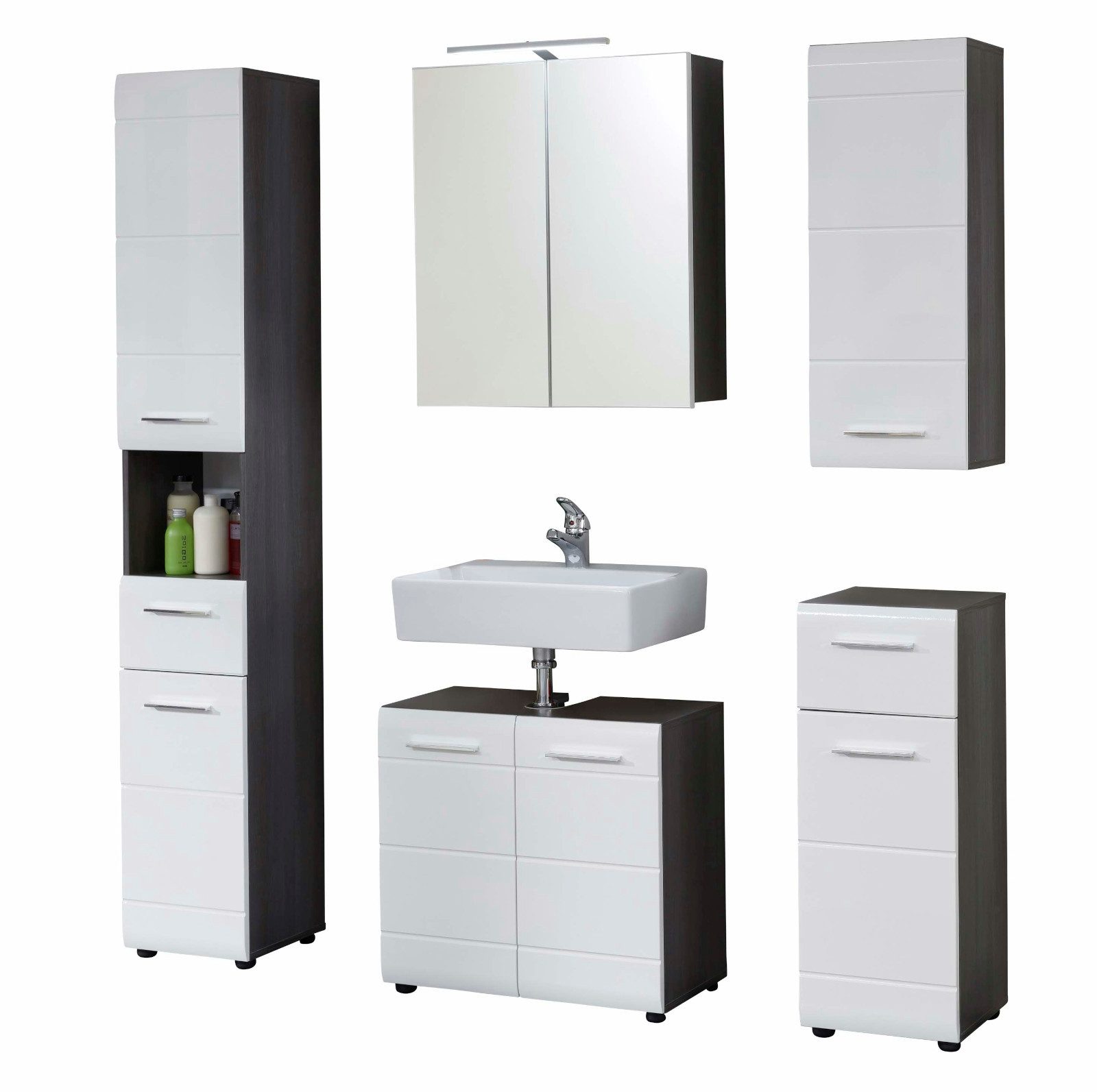 Furn.Design Badmöbel-Set Lemos, (Komplett-Set in weiß Hochglanz und grau, 5-St., Breite 130 ...