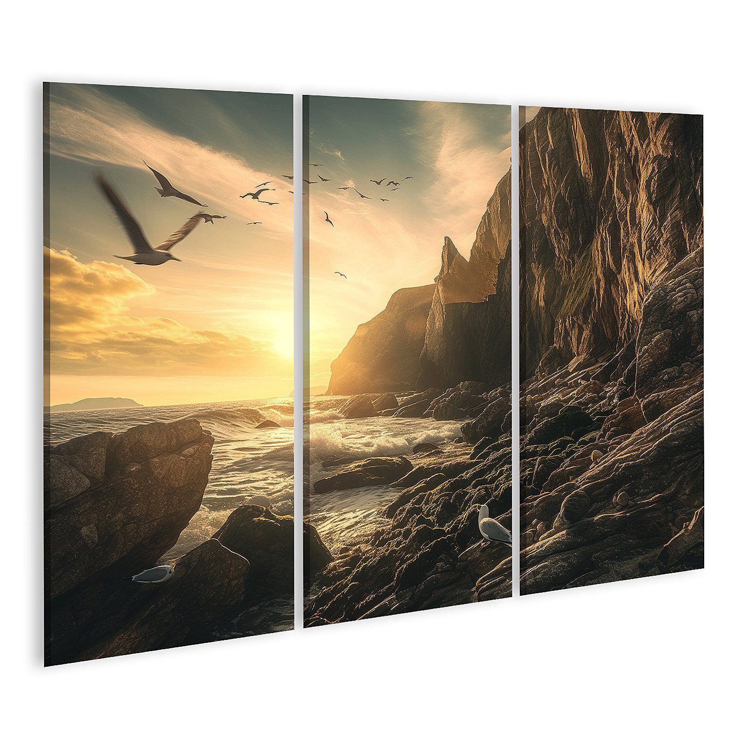 islandburner Leinwandbild, Sonnenaufgang an der felsigen Küste mit Möwen, Format inkl. Abstand ...